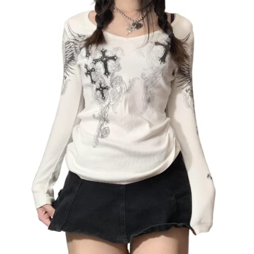 vaflower Women Y2K Long Sleeve Patchwork Lace Square Neck Crop Top Tshirt Slim Fit Harajuku Vintage Streetwear Blouse Tops (A1-White,M)