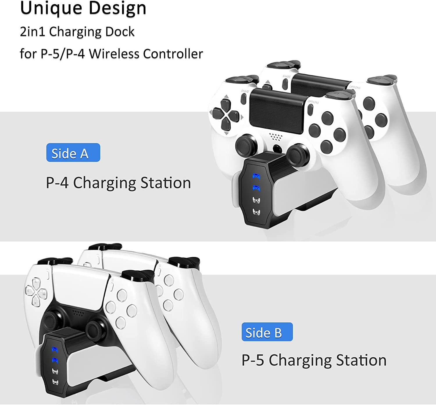 OUBANG Wireless Controller Charger for PS5/PS4, Unique Design 2 in 1 Charger Dock for Playstation 5 and 4, USB-C 5V/3A Fast Charging Dock Compatible with PS5/PS4 Controller
