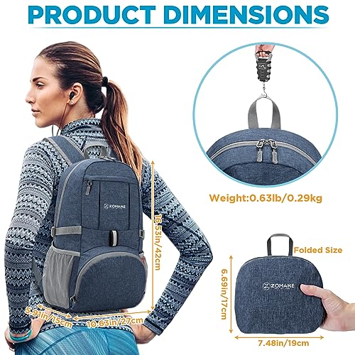 ZOMAKE Lightweight Packable Backpack 25L - Small Foldable Hiking Daypack for Travel - Tear Resistant Day pack for Women Men Camping Outdoor Sports(Navy Blue)