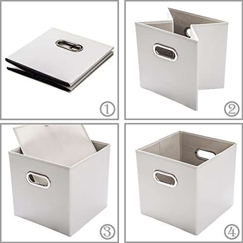 PRANDOM Leather Foldable Cube Storage Bins 13x13 inch [4-Pack] Fabric Storage Baskets Cubes Drawer with Cotton Handles Organizer for Shelves Toy Nursery Closet Bedroom Clothes White