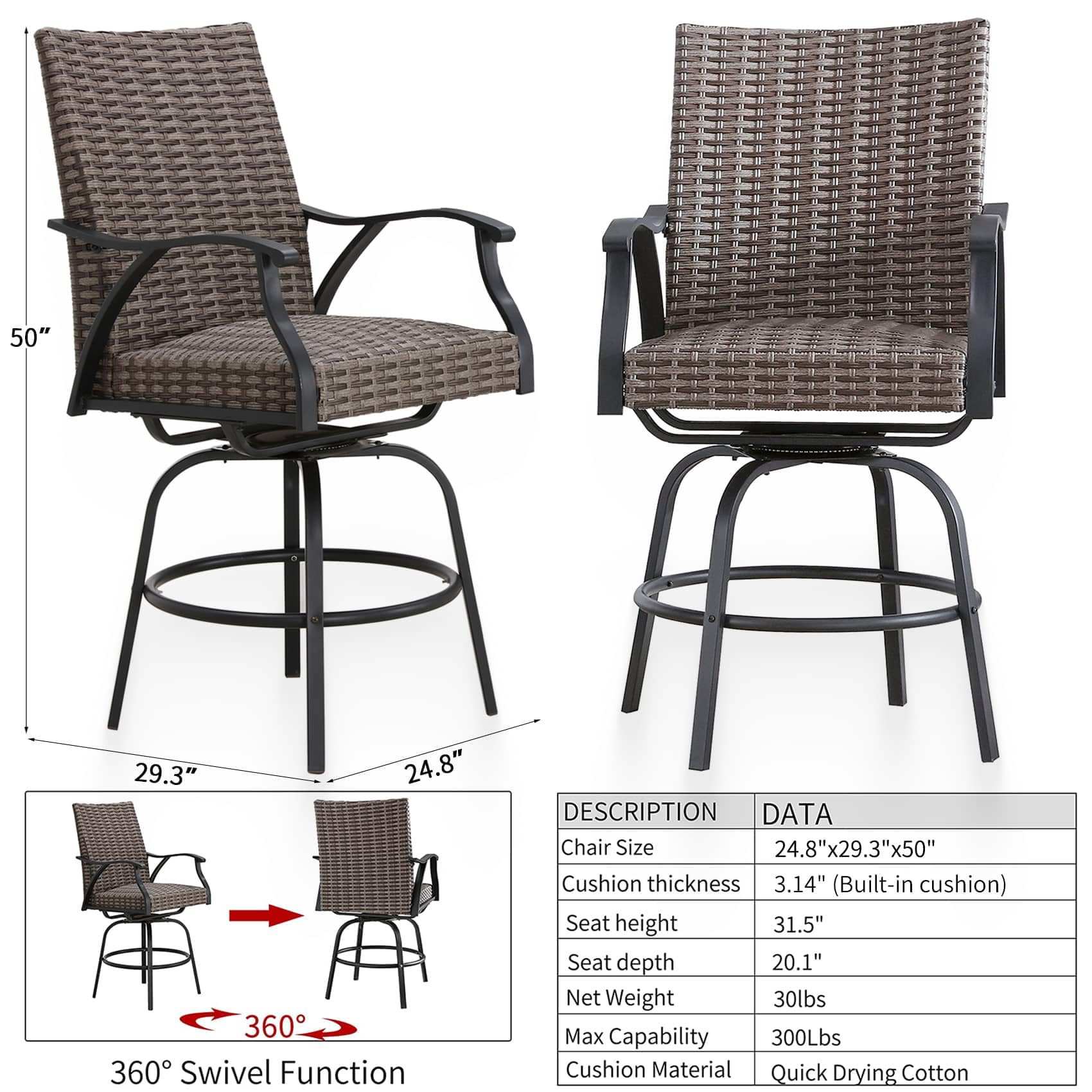 TOP HOME SPACE Patio Bar Stools High Back Outdoor Swivel Bar Height Stool Wicker Chairs Set of 2 with Built-in Cushion Metal Frame for Deck Porch Backyard