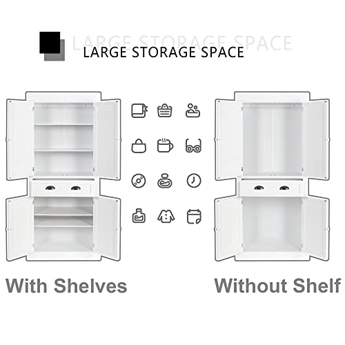 Yusong 72'' Tall Kitchen Pantry Cabinet, Farmhouse Storage Cabinet with 4 Doors, Drawer and Adjustable Shelf, Freestanding Wooden Cupboard Buffet for Home Dining Room Living Room Entryway, White