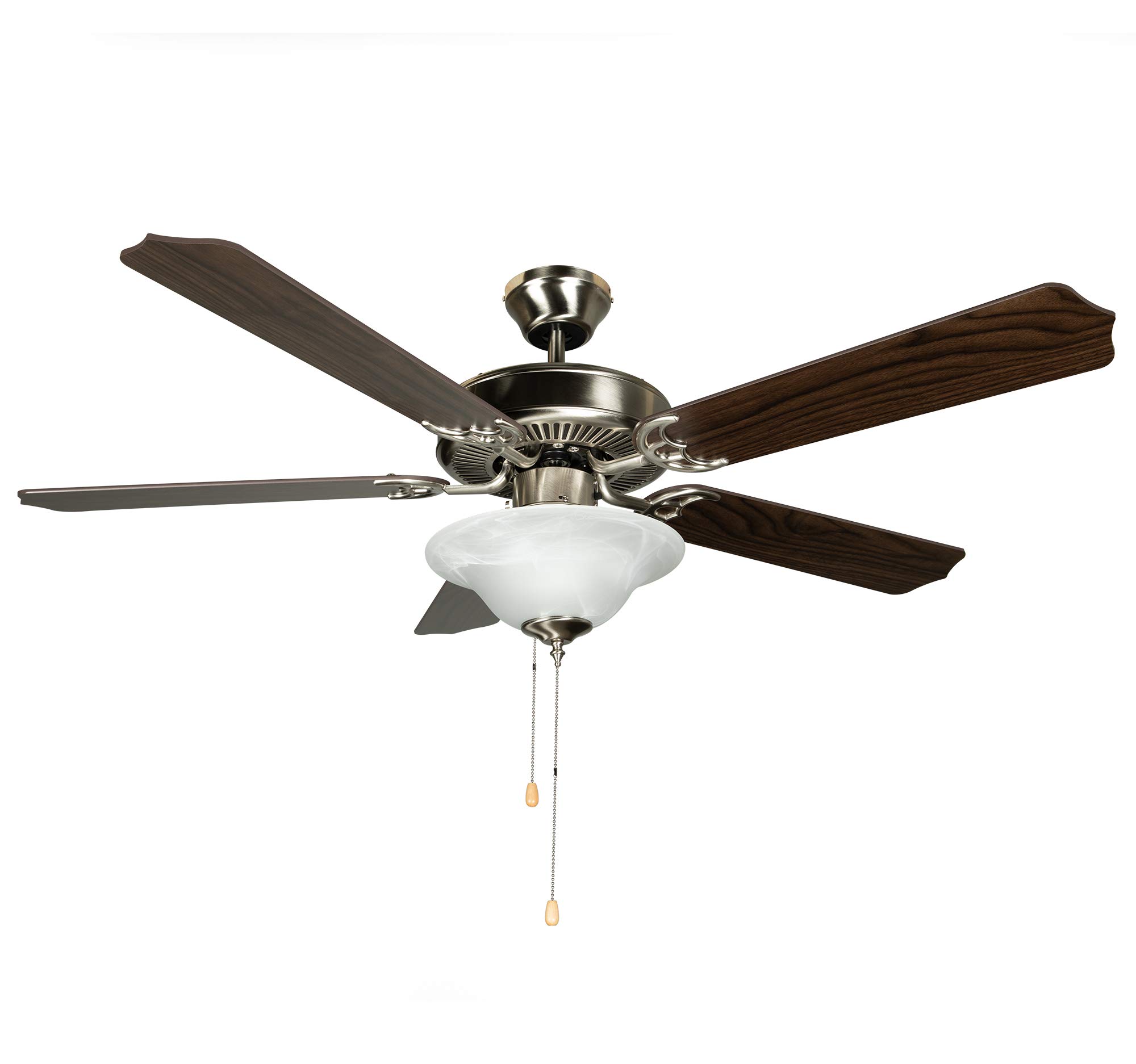 Hyperikon 52 Inch Ceiling Fan, 60W, Remote Control and Pull Chain, Brushed Nickel Body, 5 Blades, Frosted Dome Light, Walnut