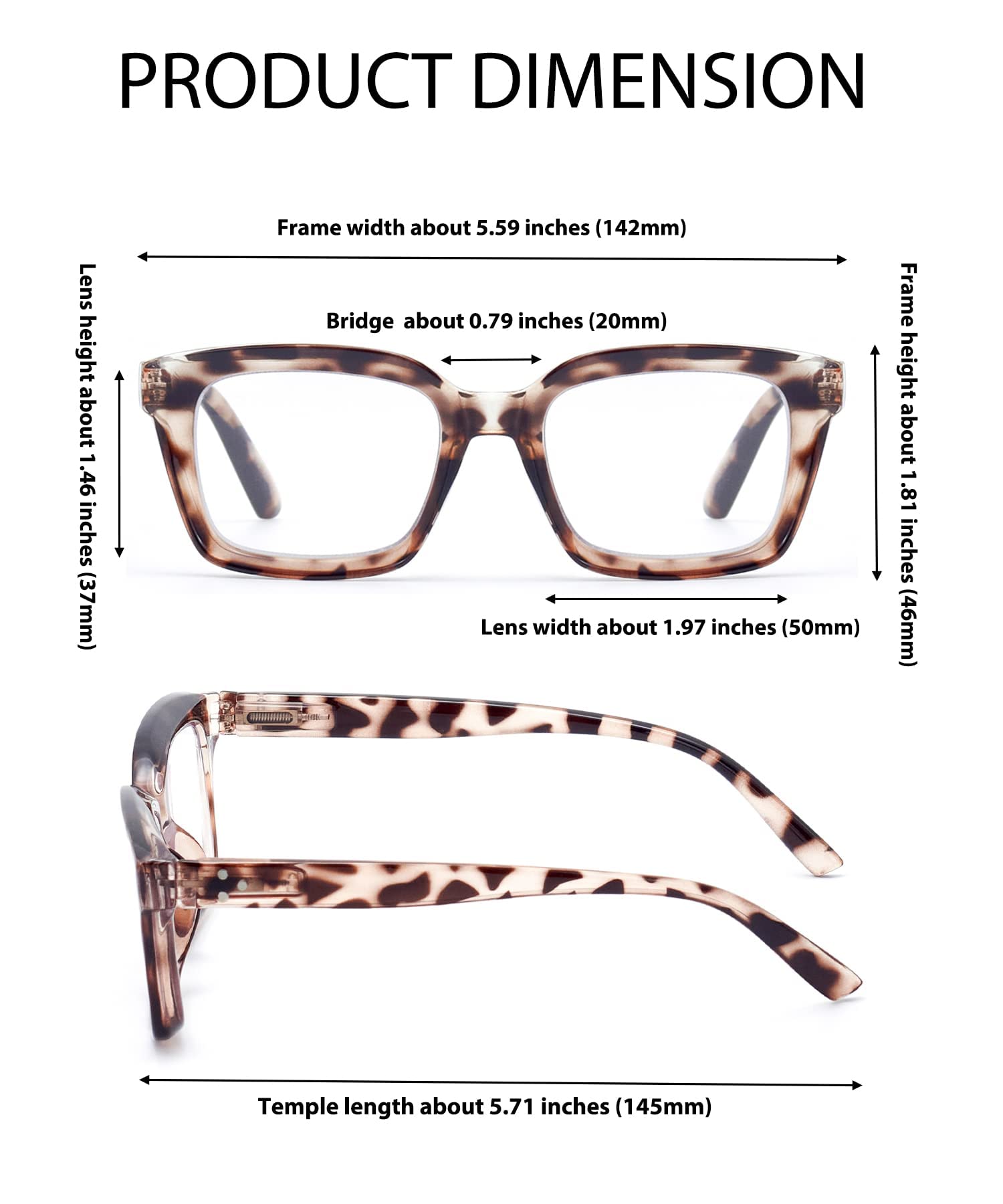 HIGHLIKE 3-Pack Oversized Blue Light Reading Glasses Women,Stylish Square Spring Hinge Readers Glasses,Black DarkBrownTortoise GrayTortoise 2.0 x