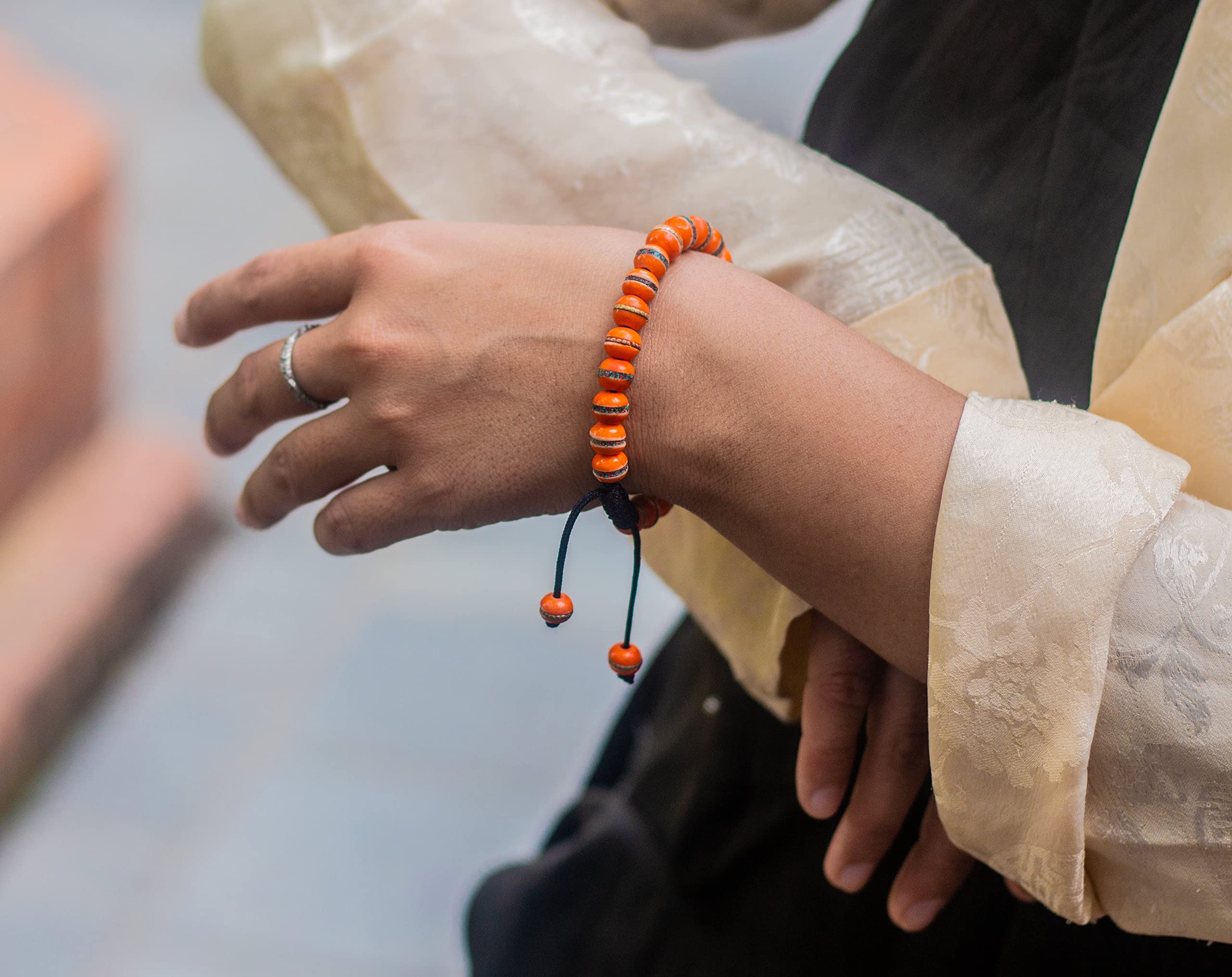 Hands Of Tibet Tibetan Prayer Mala Embedded Medicine Bracelet Yoga Healing Beads Adjustable Wrist Mala For Meditation Many Color Choices (Orange)