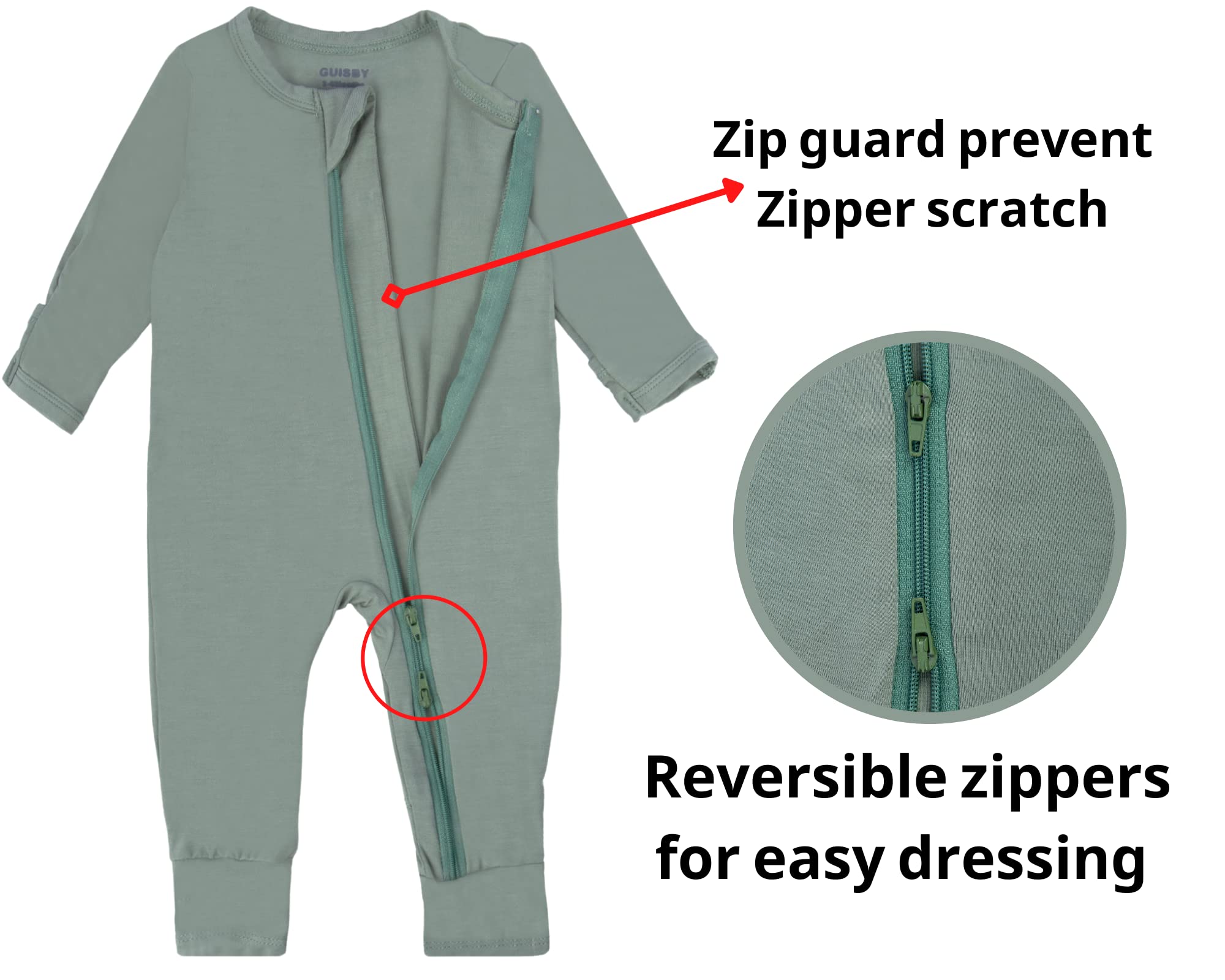 GUISBY Baby Footless Pajamas with Mittens Cuffs, Soft Rayon Double Zippers 3 Piece Sets 18-24 Months