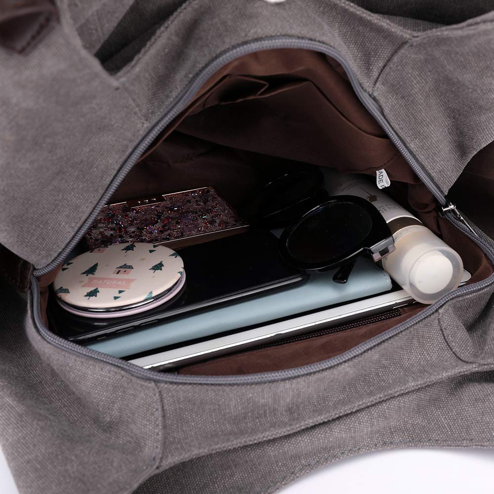 Hiigoo Fashion Women's Multi-pocket Cotton Canvas Handbags Shoulder Bags Totes Purses (Beige)
