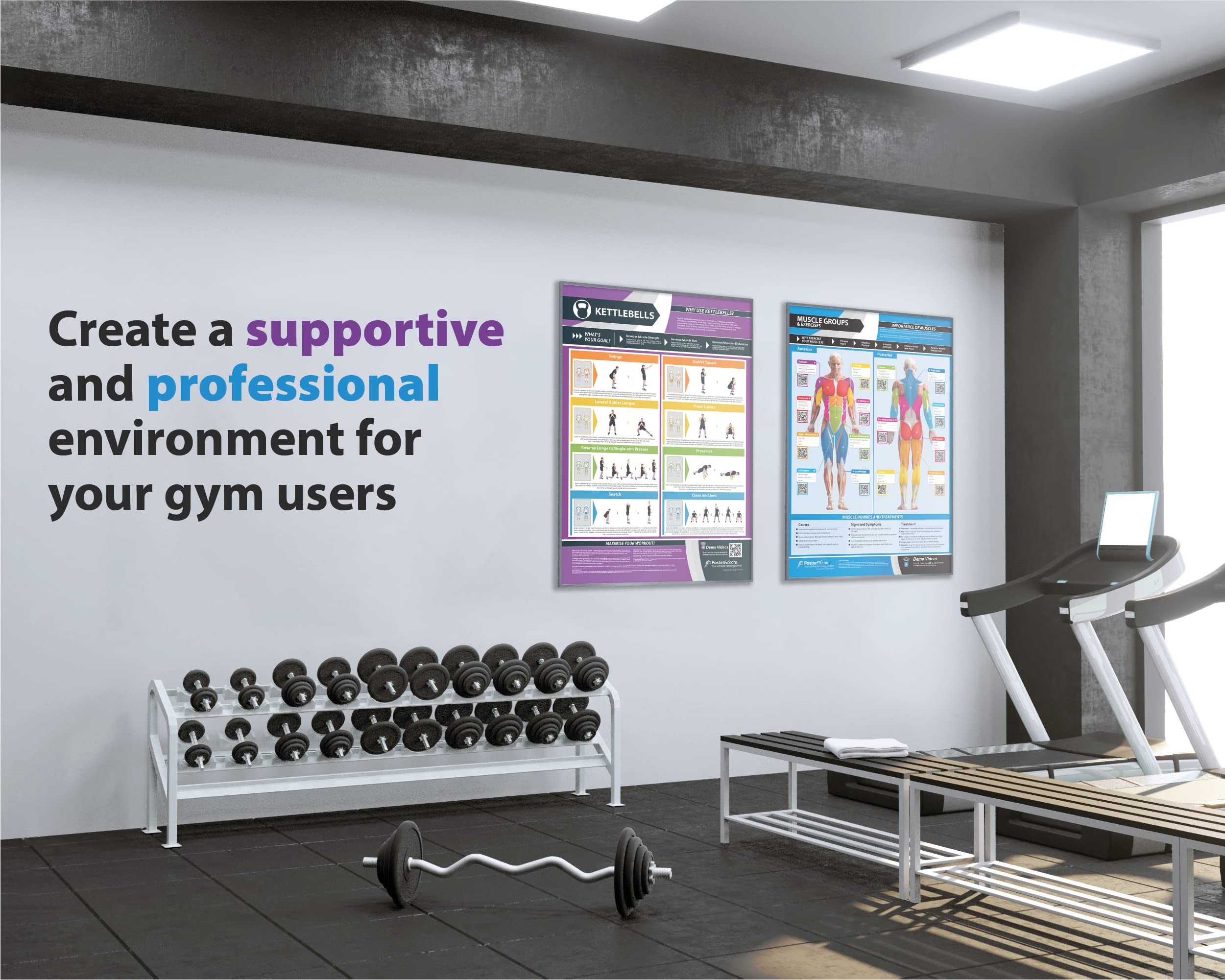 Gym Workout Posters - Set of 7 - Laminated - EXTRA LARGE 33" X 23.5" - Exercise Posters - Gym or Home Workout Charts - Includes Video Training Support