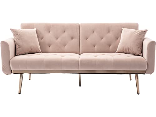 Velvet Futon Sofa Bed,Convertible Sofa Bed with Adjustable Backrest, Modern LoveSeat Sofa Couch for Living Room,Bedroom,Office(Pink)