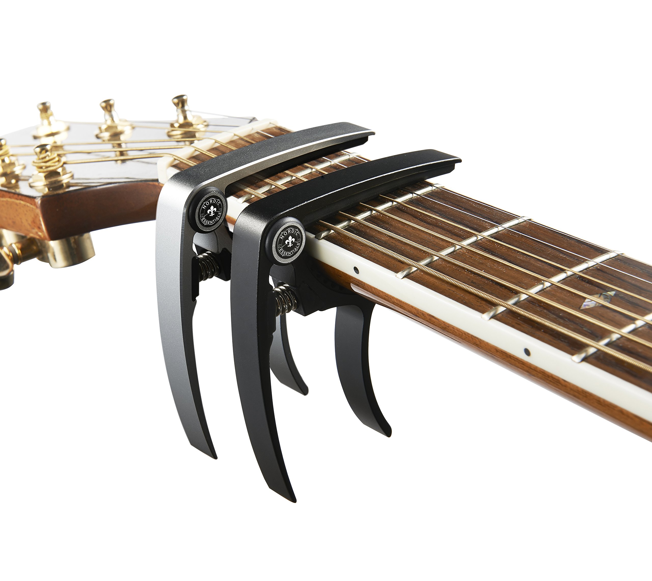 Guitar Capo (2 Pack) for Guitars, Ukulele, Banjo, Mandolin, Bass - Made of Ultra Lightweight Aluminum Metal (1.2 oz!) for 6 & 12 String Instruments - Nordic Essentials, Black+Silver