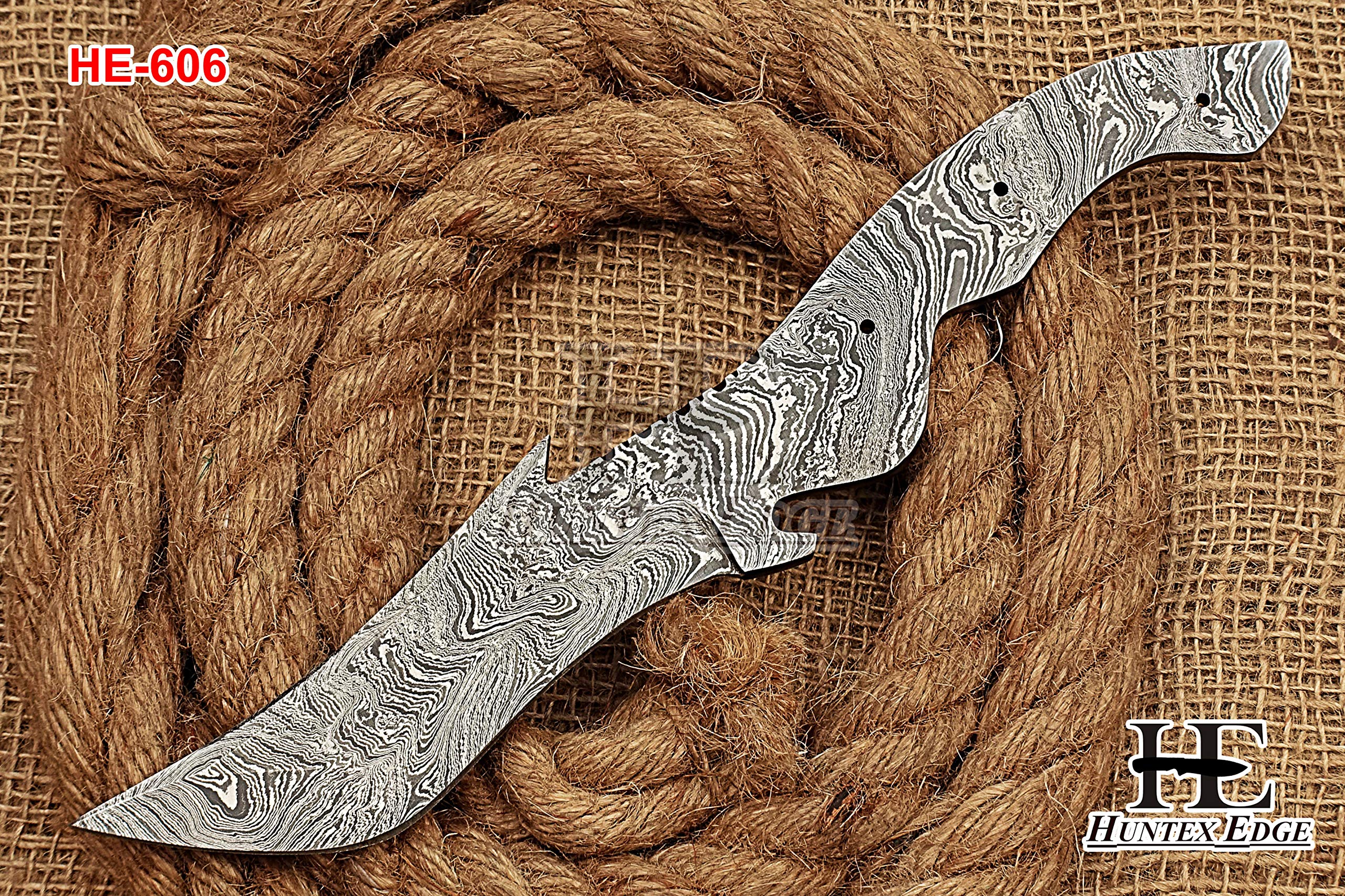 HUNTEX Custom Handmade Hand-Forged Twist Pattern Damascus Steel 10.5 Inch Long Full Tang Razor Sharp Camping Hunting DIY Blank Blade Gut Hook Knife for Knife Making