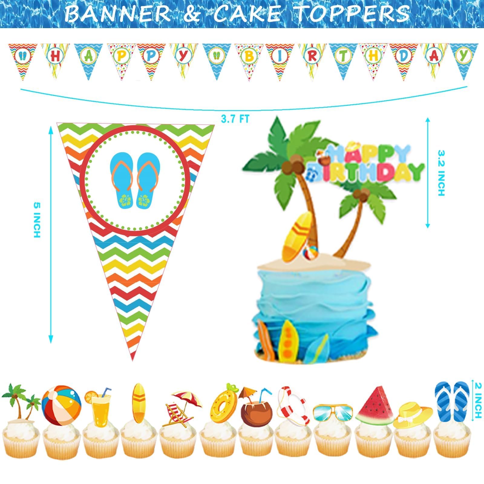Hombae Pool Party Decorations, Summer Beach Swimming Themed Birthday Supplies Backdrop Balloon Banner Tablecloth Cake Topper Plate Napkin Cup Straw Knife Fork Spoon Cool Blue Tableware 205 PCs