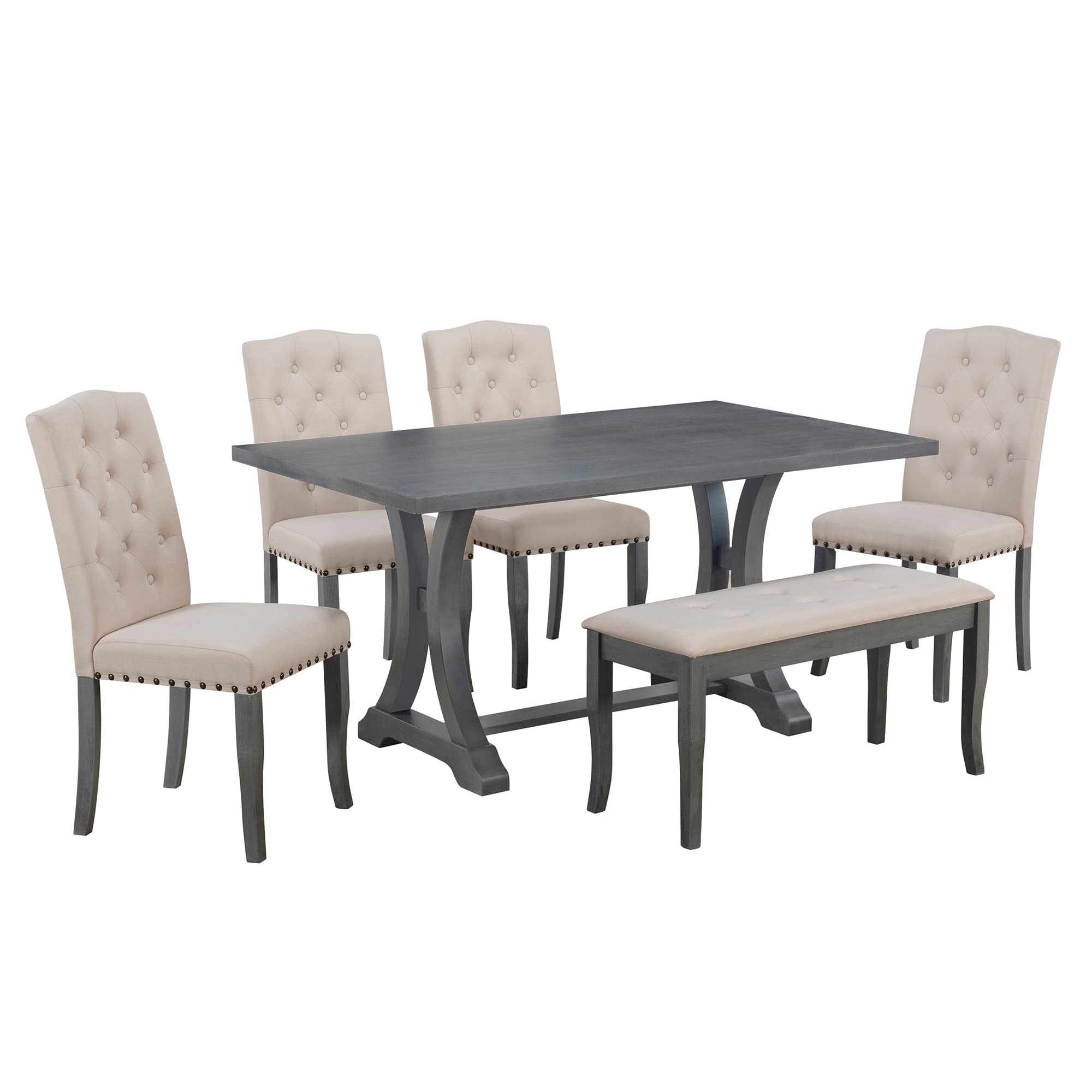 Harper & Bright Designs Classic and Traditional Style 6 - Piece Dining Set, Includes Dining Table, 4 Upholstered Chairs & Bench (White+Gray) (White+Gray) (White1)