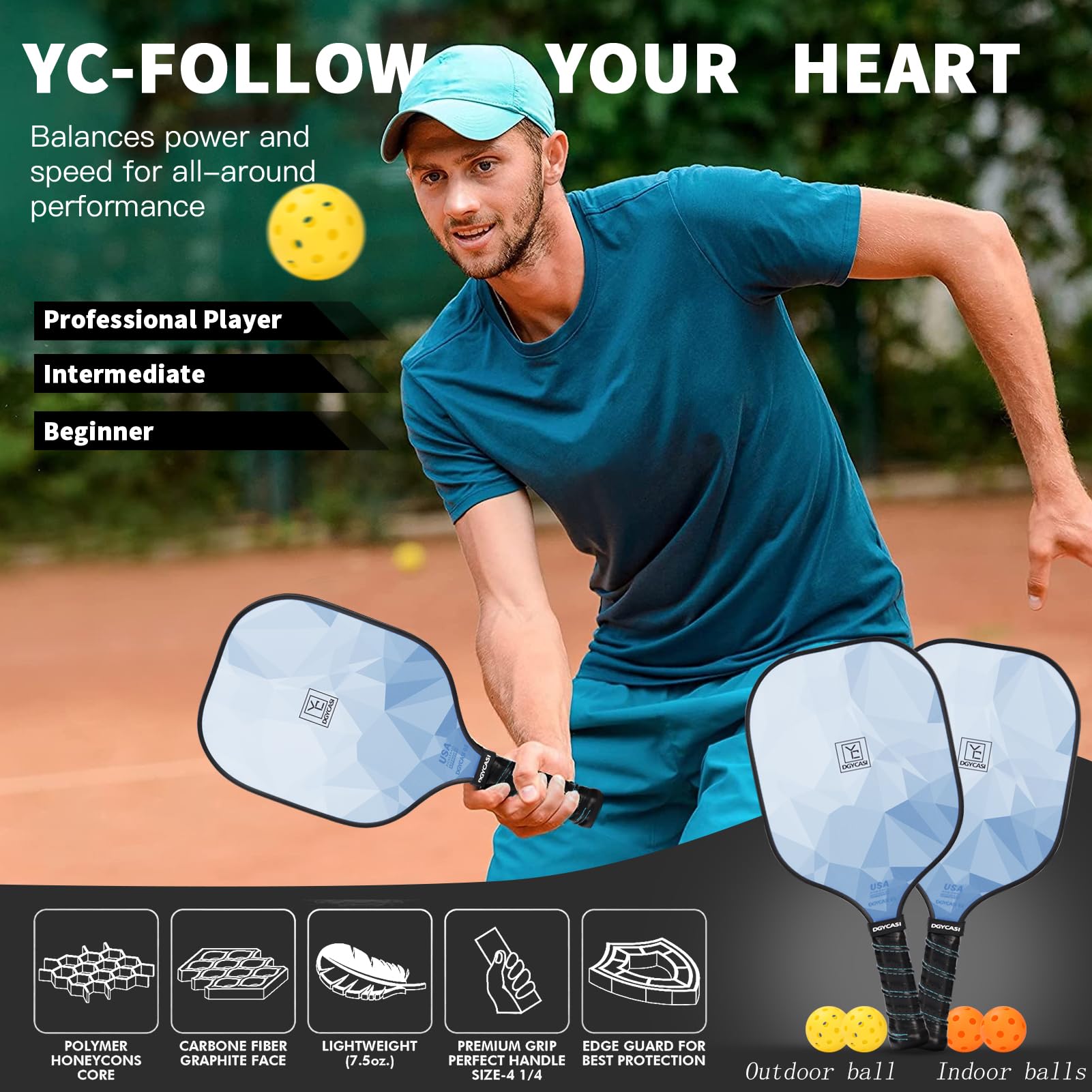 Pickleball Paddles Set of 2, 2024 USAPA Approved, Carbon Fiber Surface (CHS), Polypropylene Honeycomb Core, Anti-Slip Sweat-Absorbing Grip, 4 Pickleball, Portable Carry Bag (Blue)