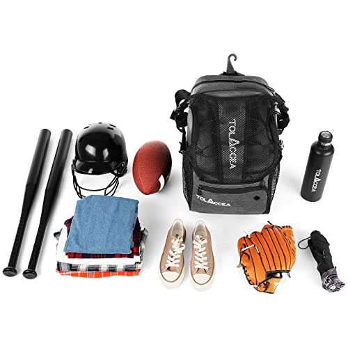 Youth Baseball Bag With Shoes Compartment and Fence Hook Holds Bat, Glove, T-Ball & Softball Equipment, Backpack for Boys and Girls (Grey)