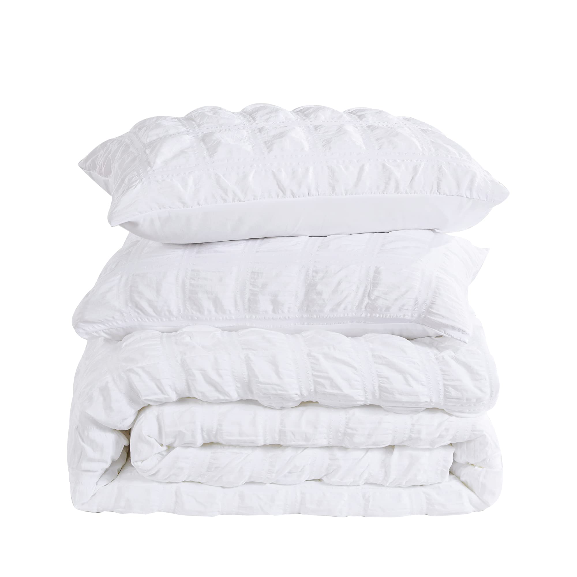 HOMBYS 120x120 Oversized King Seersucker White Comforter Set, Textured Boho Bedding Comforter for California King Bed, Shabby Chic Beding Sets with 2 Matching Pillow Cases