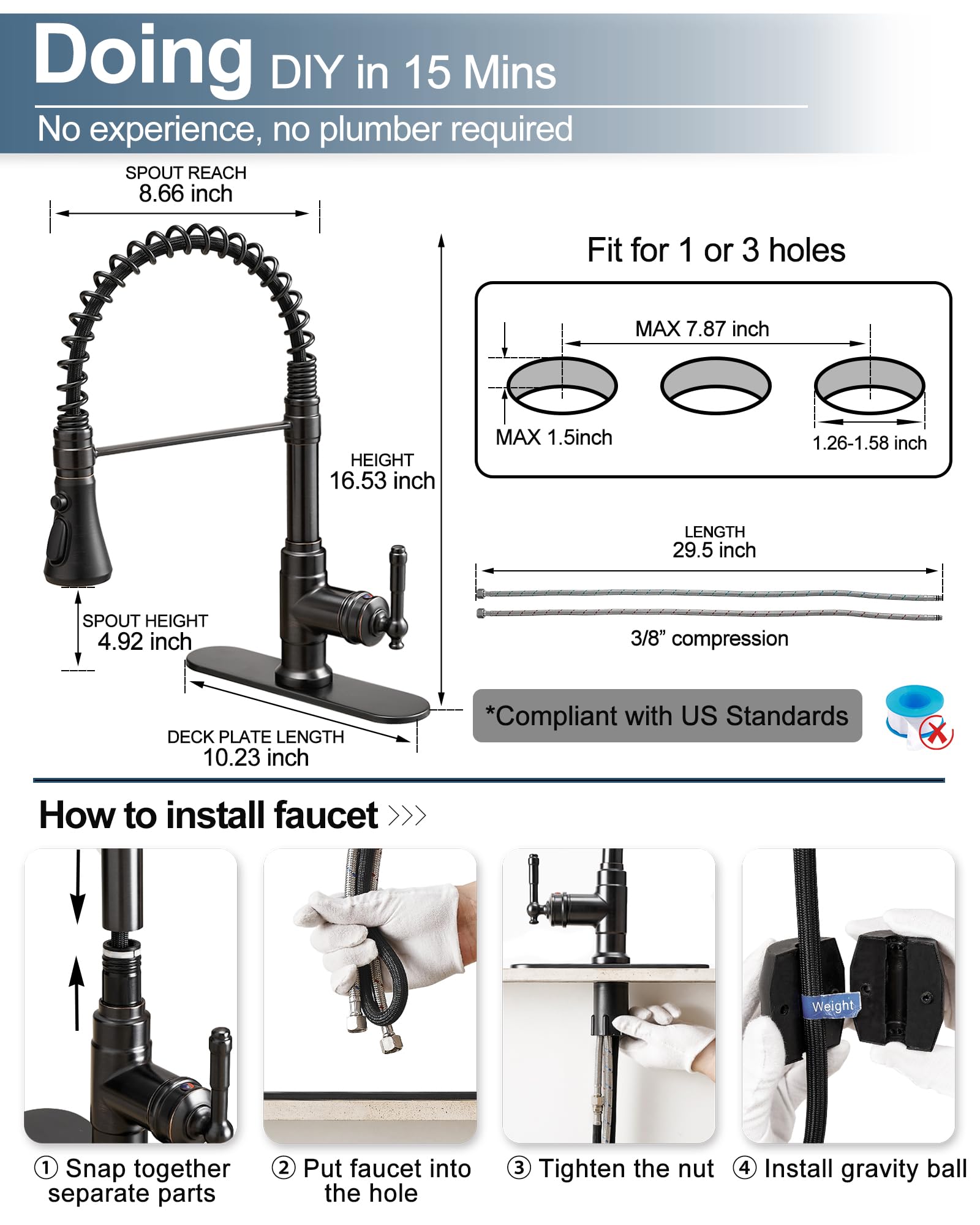 HOIGY Oil Rubbed Bronze Kitchen Faucet 3 Hole or 1 Hole, 3-Function Pull-Down Sprayer Kitchen Faucets, Sink Faucet Kitchen, Single Handle Spring Kitchen Sink Faucet with Deck Plate for Farmhouse