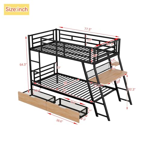 HBRR Metal Bunk Beds with Built-in Desk, 2 Storage Drawers and Light Strip, Twin Over Twin Bunk Bed Frame, Heavy Duty Steel BunkBed for Kids/Teens/Adults, No Box Spring Needed, Black