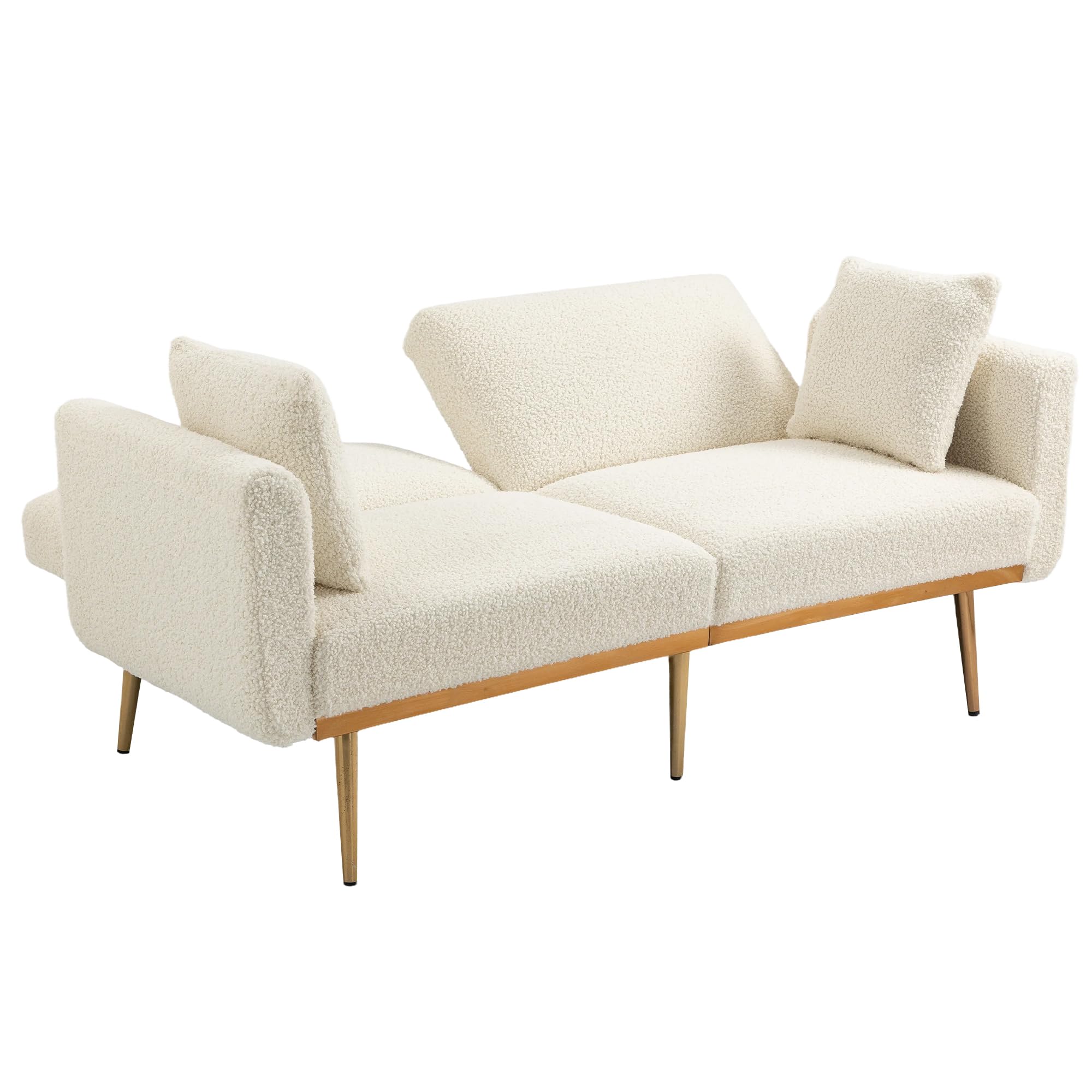 SZLIZCCC Accent Sofa, Mid Century Modern Teddy Velvet Fabric Couch, Convertible Futon Sofa Bed ,Recliner Couch Accent Sofa Loveseat Sofa with Gold Metal Feet (White Teddy)