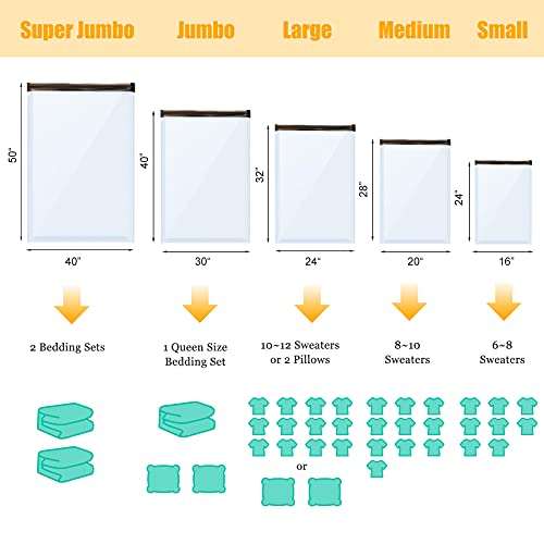 Vacuum Storage Bags Medium Space saver Bags 6 Pack (27.5β X 19.6β) With Handpump Space Saver Compression Seal Bags for Clothes, Quilts, Pillows, Double Zip Seal & Leak Valve