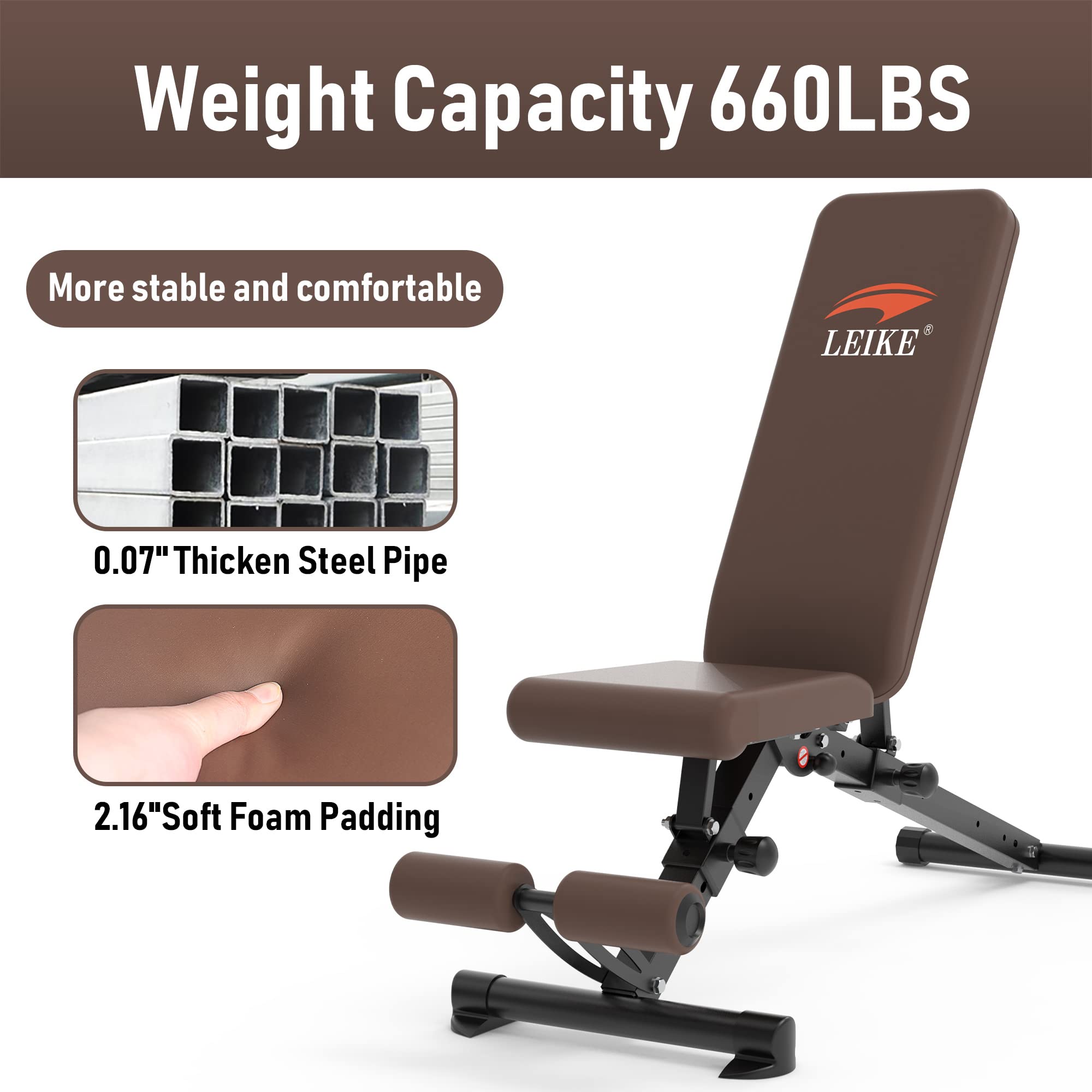 leikefitness Adjustable Weight Bench Foldable Workout Exercise Bench with Automatic Lock for Upright Incline Decline and Flat Full Body Exercise (GM58091(BROWN))