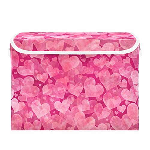 Valentine's Day Pink Hearts Collapsible Rectangular Storage Bins with Lids Decorative Lidded Basket for Toys Organizers Fabric Storage Boxes with Handles for Toys Clothes Organizing Room Nursery