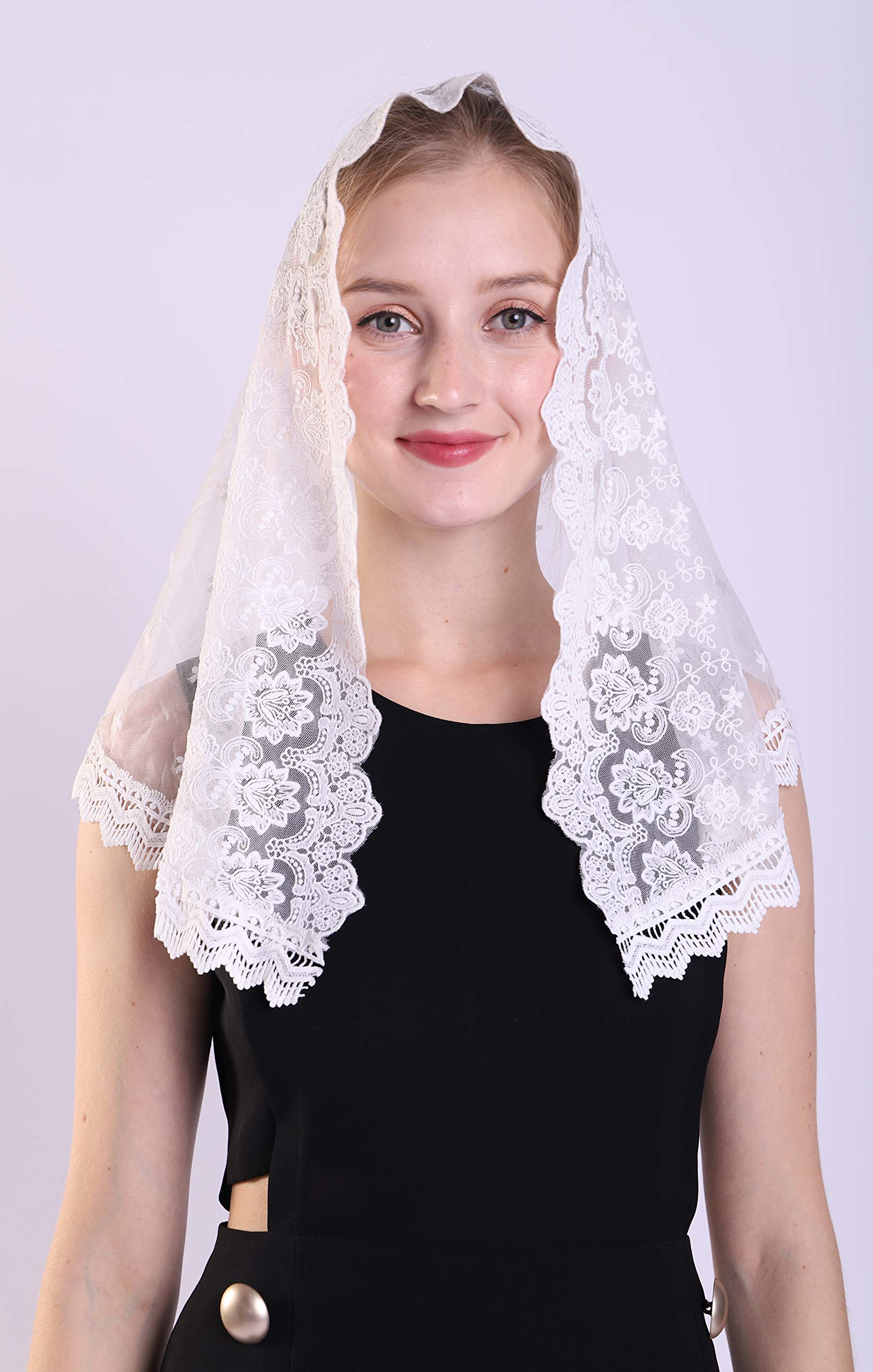 Grettytling Chapel Veil Embroidered Lace Mantilla Veil Head Covering Veils for Church,White