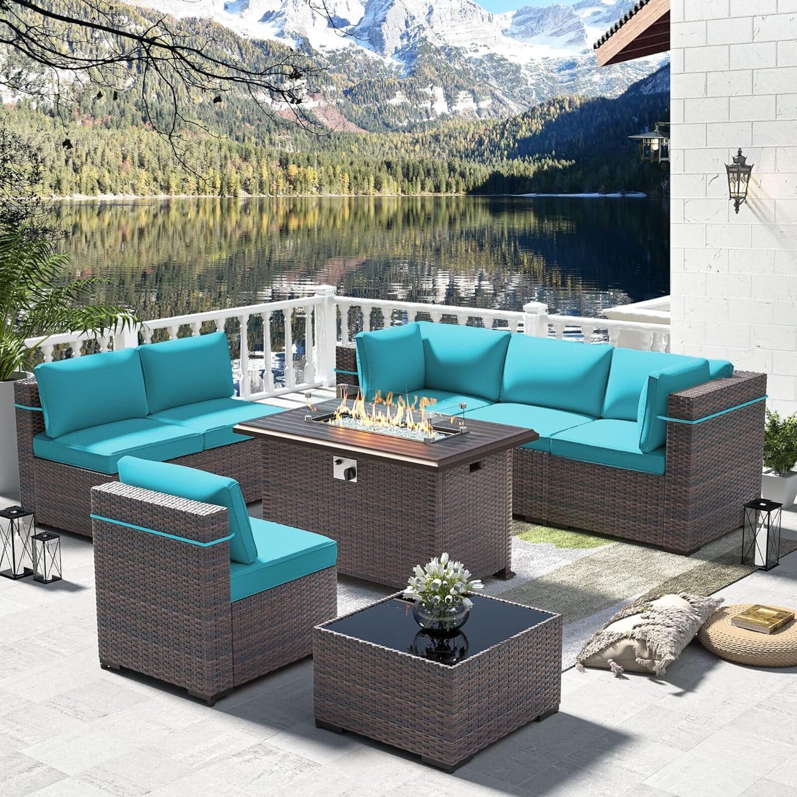 HEZLA PE Rattan Wicker Patio Furniture Set 8 Pieces Outdoor Sectional Conversation Sofa Dining Table Set with Cushions/Storage Table
