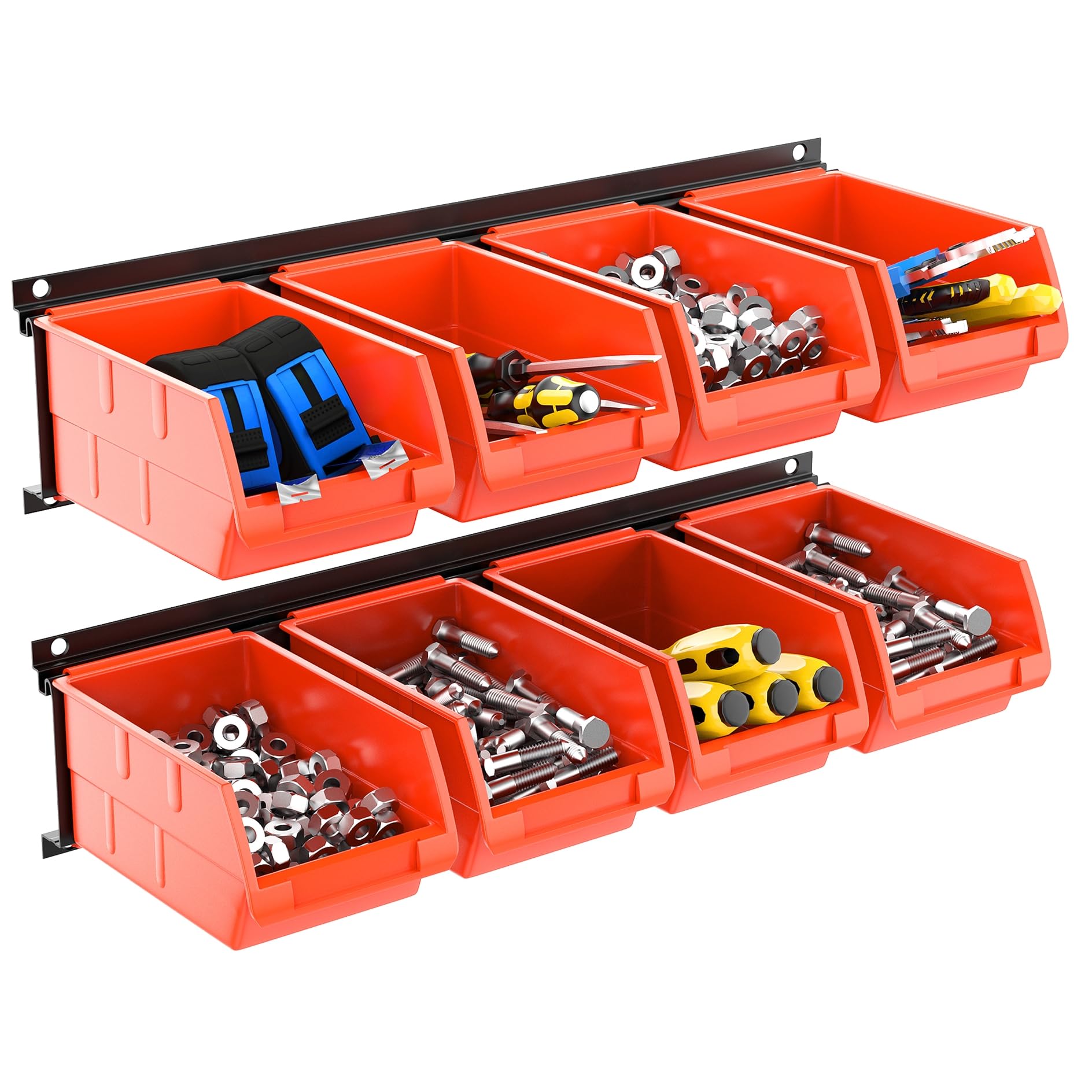 TORACK Wall-Mounted Storage Bins - 8 Plastic Bins & 2 Metal Tracks for Tools Organization in Garage, Craft Room, and Shop(Orange)