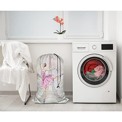 Swono Beautiful Ballerina Large Travel Laundry Bag Washable Wet Dry Bag Large Dirty Clothes Bag Dancer Posing Dancing on Eiffel Tower Bathing Suit Workout Bag for Gym Clothes Laundry Wet Clothes