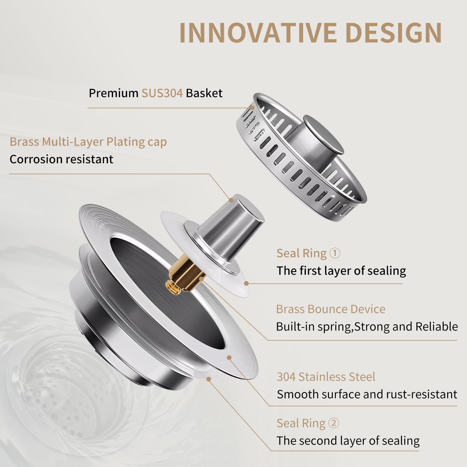 Universal Kitchen Sink Drain Strainer 3 in 1 【 304 Stainless Steel & Brass Material】 Pop Up Kitchen Sink Stopper with Metal Basket Strainer,Sink Strainer Stopper for US Standard 3 1/2" Kitchen Drain