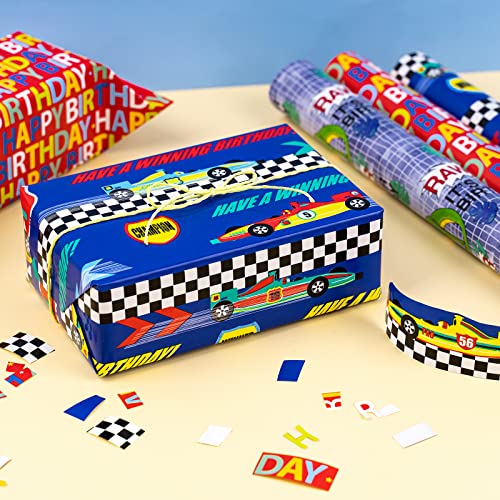 WRAPAHOLIC Birthday Wrapping Paper Roll - Mini Roll - 3 Rolls - 17 Inch X 120 Inch Per Roll - Dinosaurs/Racing Car/Happy Birthday Lettering for Kid's Birthday, Baby Shower