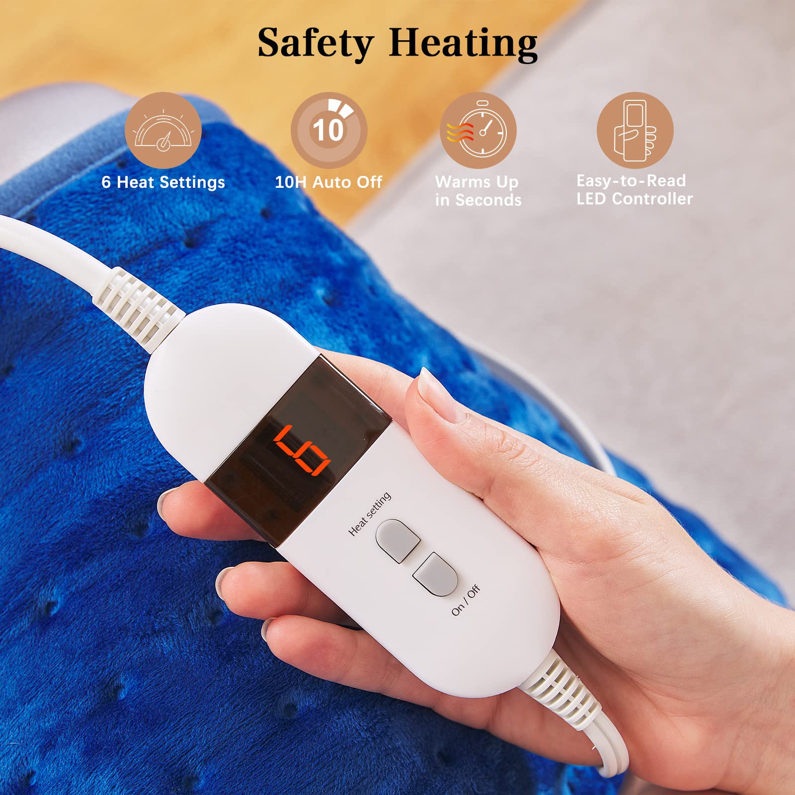 Heating Pad for Back Pain Relief, 20" x 24'' Electric Fast Heating Pads for Cramps, Neck, Shoulders, and Back with 6 Heat Settings, 10H Auto-Off, Machine Washable, Navy