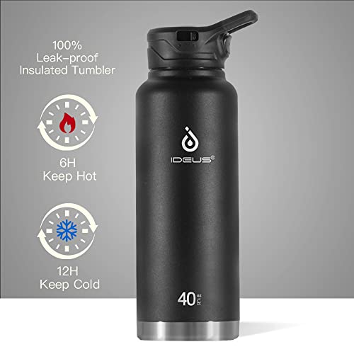 IDEUS Insulated Stainless Steel Water Bottle with 2 Leak-Proof Lids, Thermal Water Flask for Hiking Biking, 40oz, Green