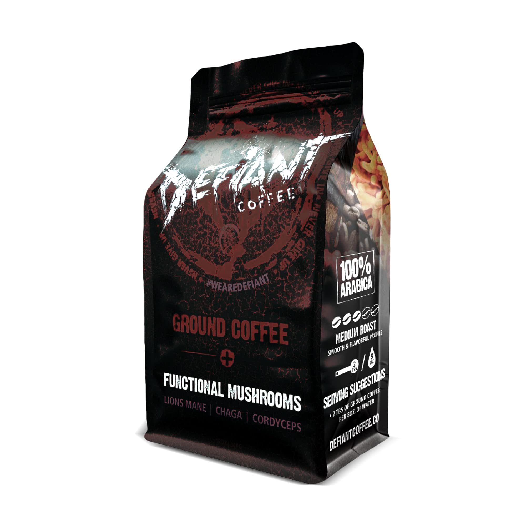Ground Mushroom Infused Arabica Coffee by Defiant | Medium Roast, Fair Trade Gourmet Coffee with Lion's Mane, Cordyceps, & Chaga Musroom Powder | Endurance, Brain, & Immune Function, 12oz Bag