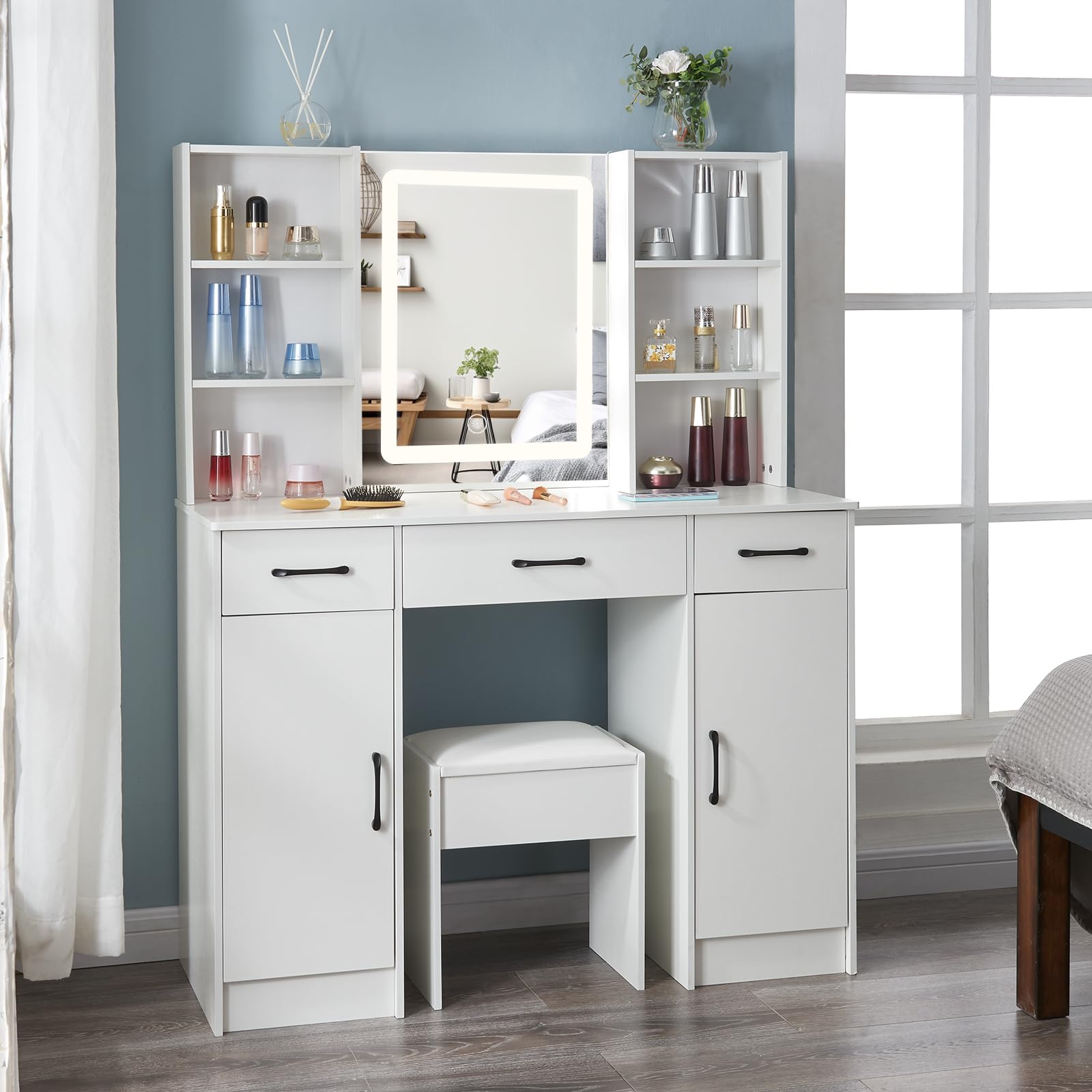Hikooo Large Makeup Vanity 42" W Dresser with Lights and Mirror, 2 Large Drawer & Six Level Storage Dresser, 3 Color Lighting Modes Adjustable Brightness Bedroom Dressing Table - White