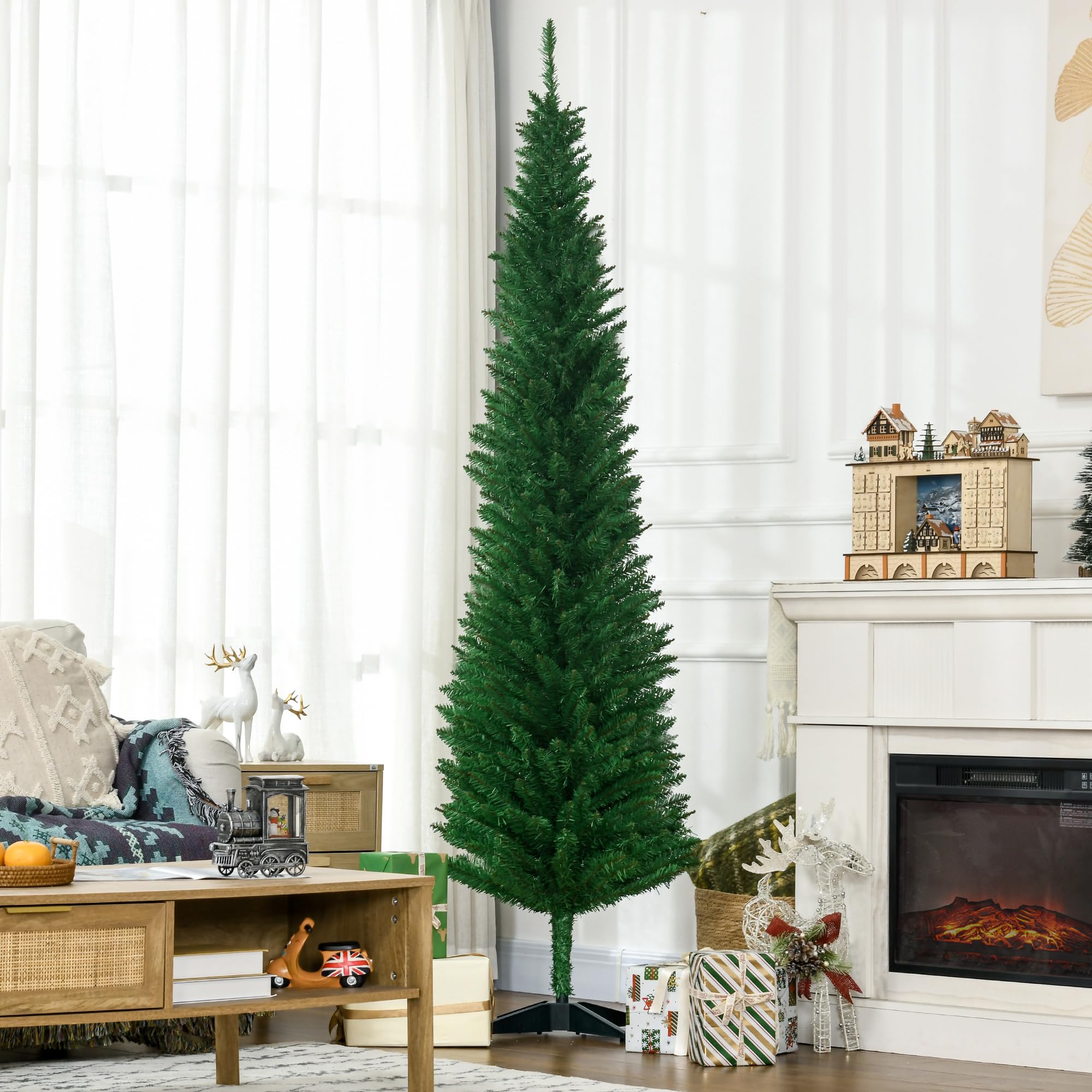 HOMCOM 7' Artificial Pencil Christmas Tree, Slim Xmas Tree with 499 Realistic Branch Tips and Plastic Stand, Light Green
