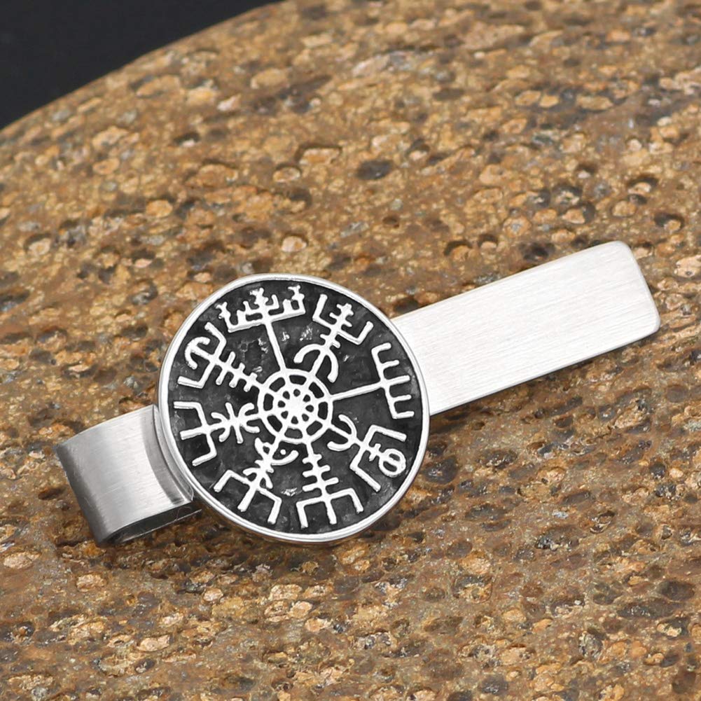 GuoShuang Stainless steel Nordic Viking rune compass amulet Tie Clips small size with valknut gift bag
