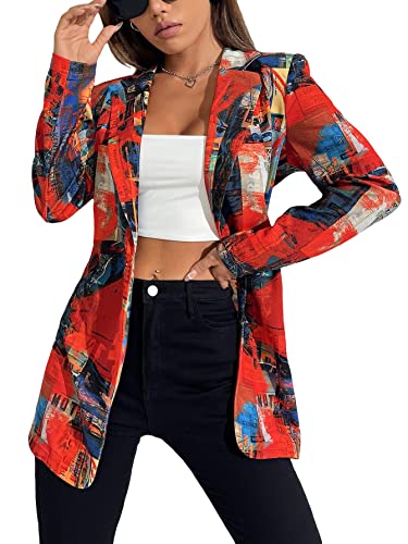 WDIRARA Women's Letter Graphic Print Button Front Blazer Long Sleeve Casual Jacket Multicolor XS