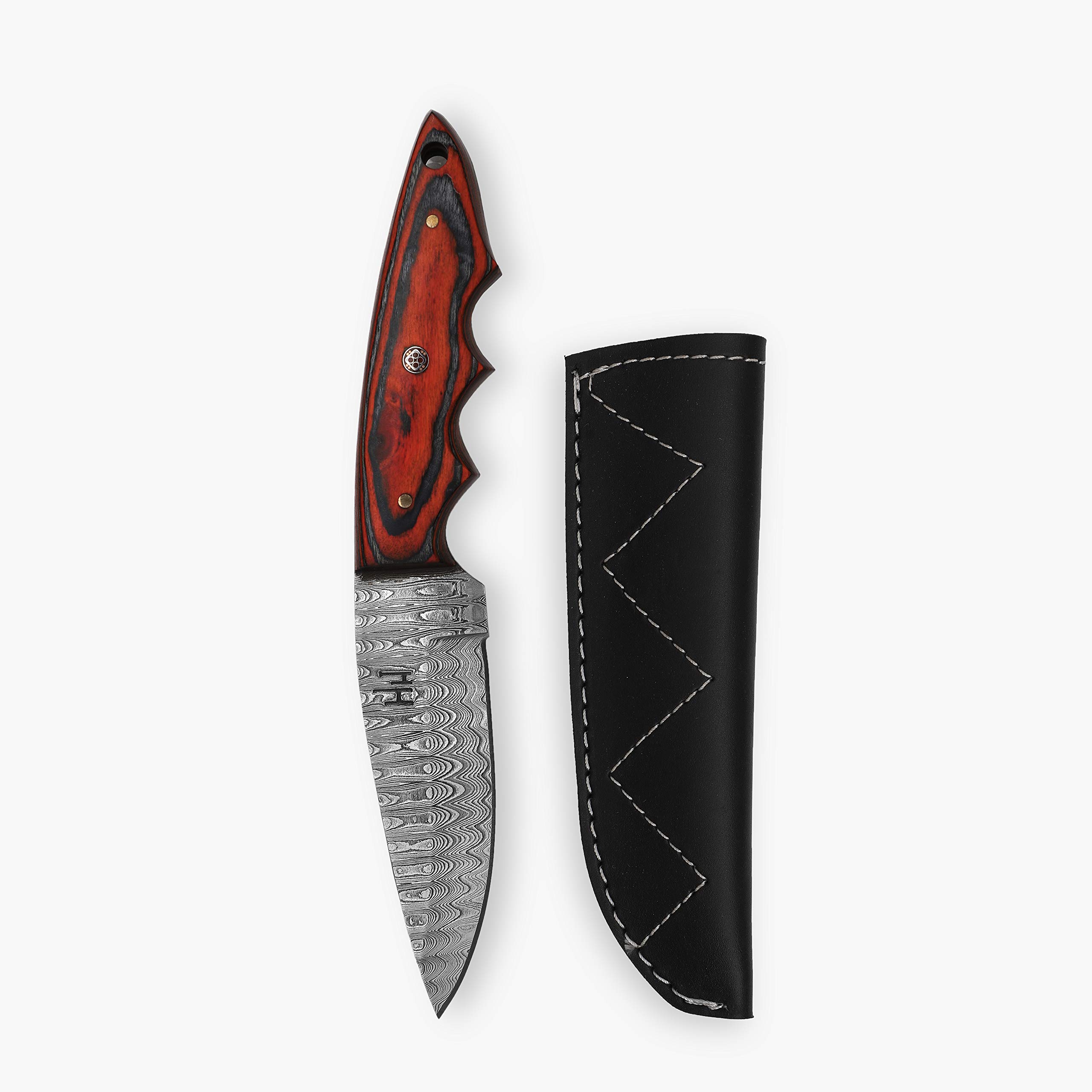 Hobby Hut HH-347 8.75 inches Damascus Steel Hunting Knife with Sheath, Fixed Blade Knife, Walnut Wood Handle Designed for Hunting Camping and Survival