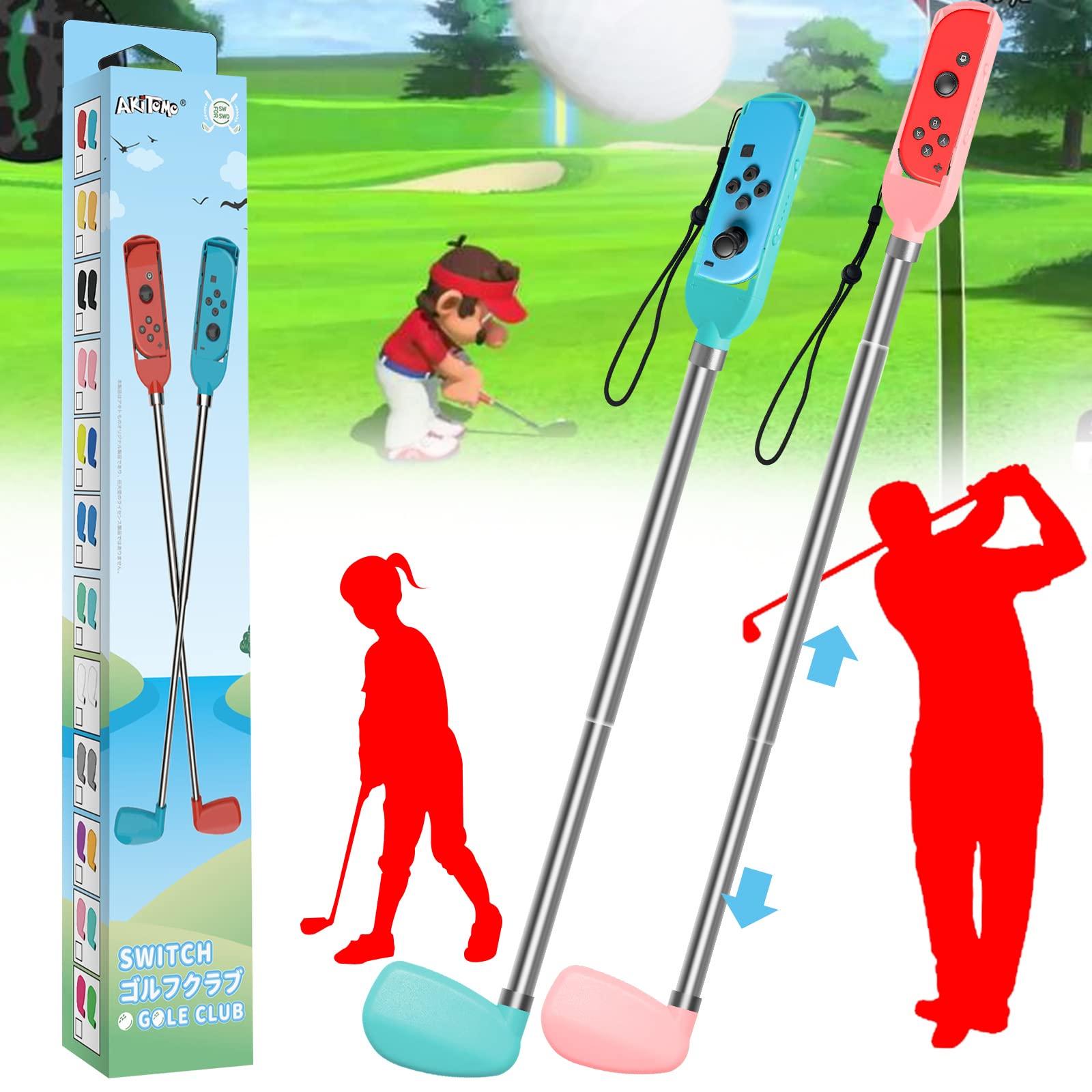 lelinker 2Pack Golf Club for Mario Golf Switch Game Sports Accessories, Golf Switch Game Sports Accessories 4 Lengths Adjustable Grip with Wrist Strap for Mario Golf Switch Sports(Blue/Pink)