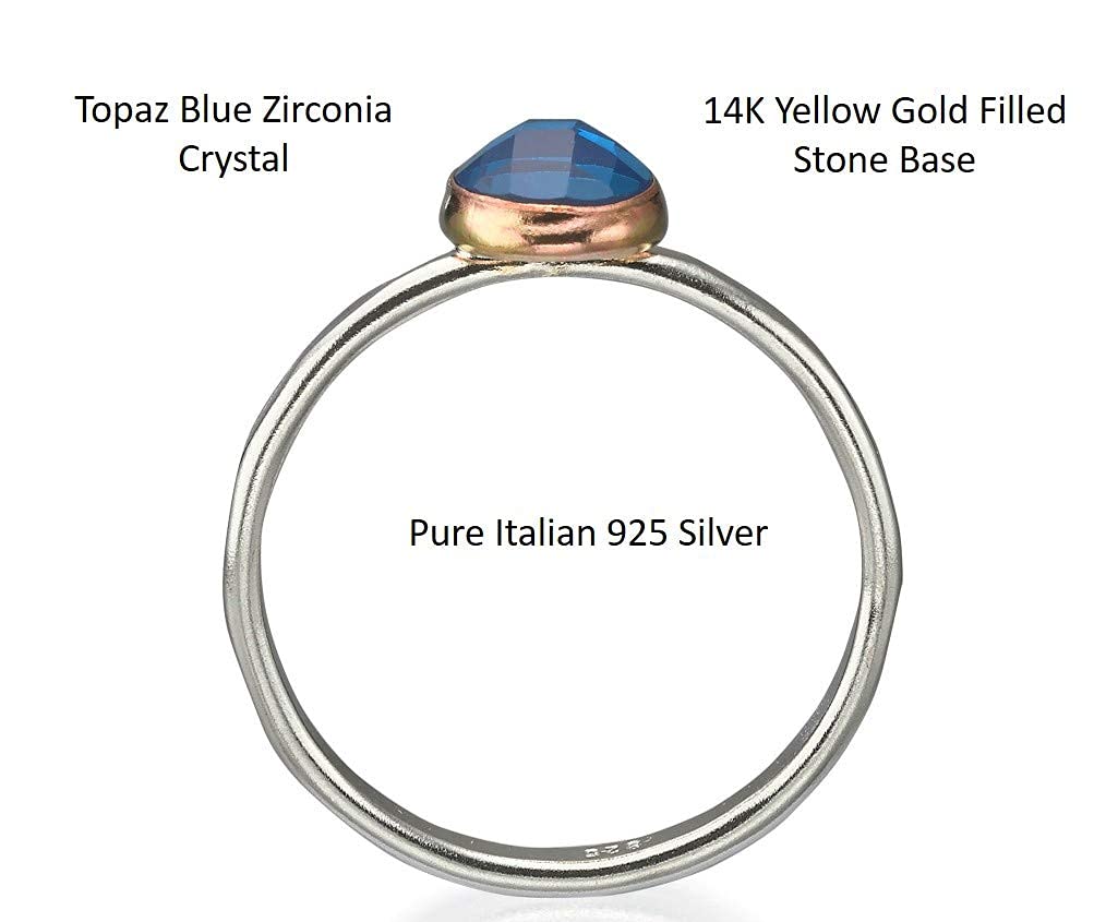 Handmade 2 tone Hammered Silver Ring and 14K Gold-Filled Base with Cubic Zirconia 6mm/4mm Simulated Diamond Engagement Wedding Ring Couples Band, Statement Stacking For Women (6mm Blue Topaz, 12)