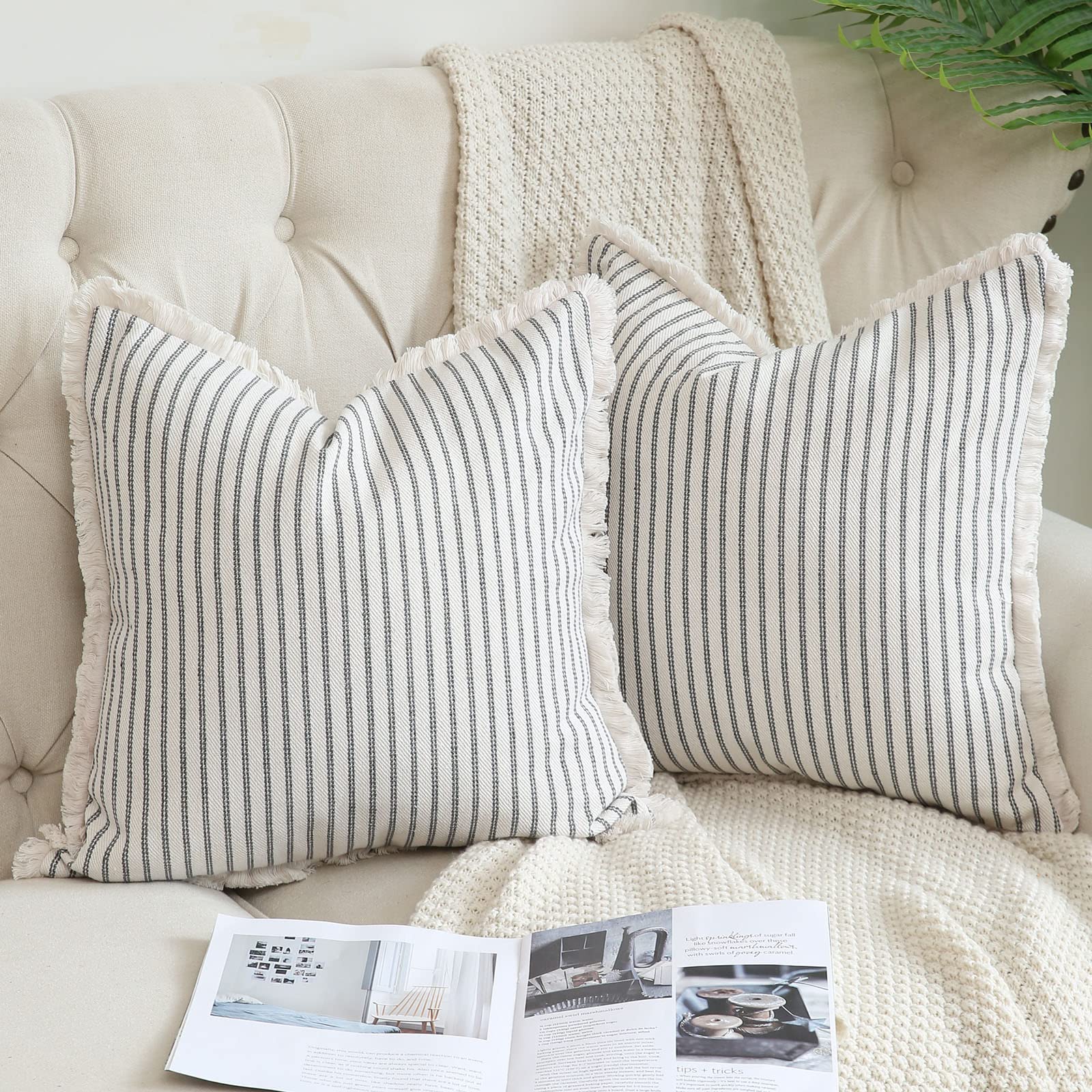 Hckot Throw Pillow Covers 18x18 Set of 2 Striped Pillow Covers with Fringe Chic Cotton Decorative Pillows Square Cushion Covers for Sofa Couch Bed Living Room Farmhouse Decor,Grey