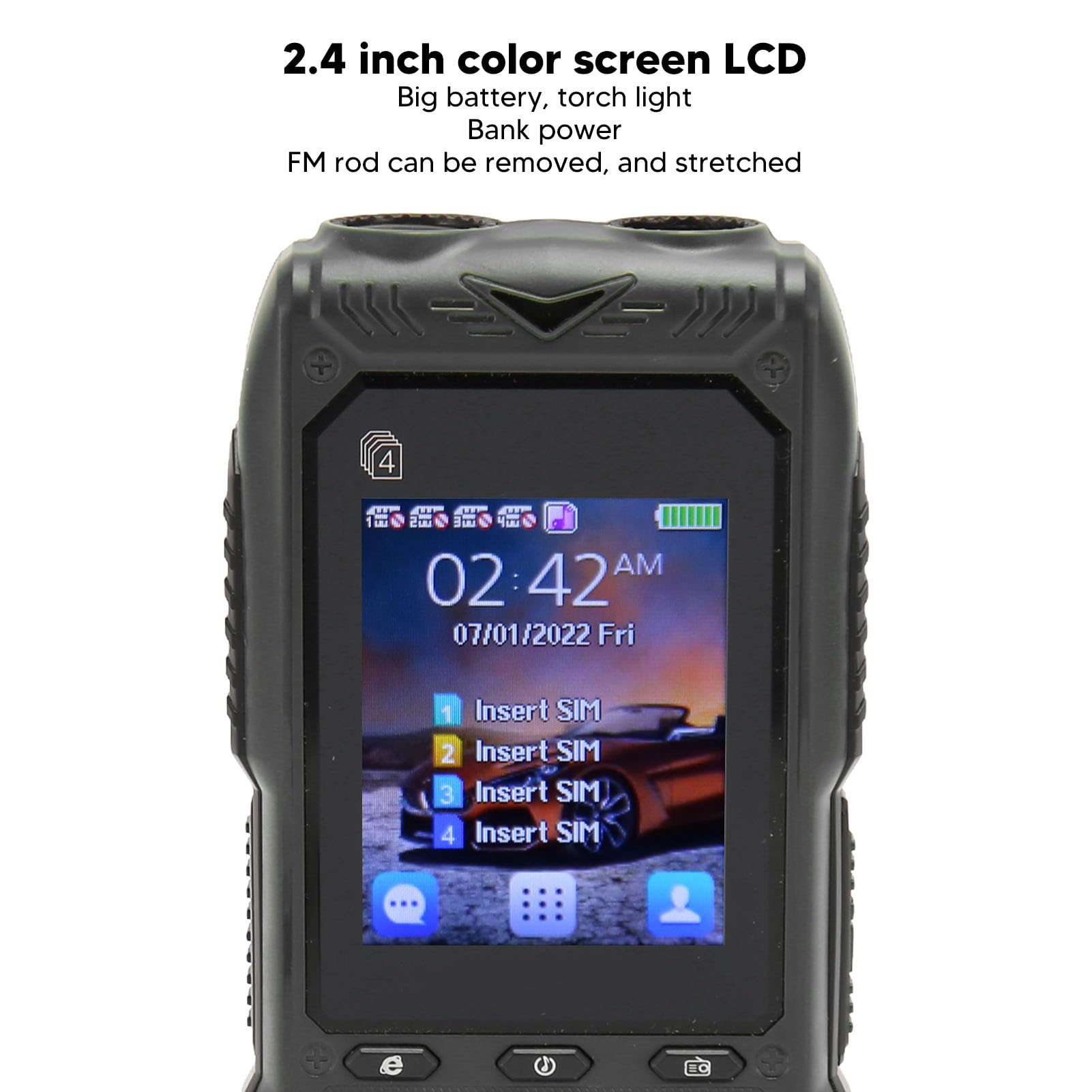 Heayzoki 2G Seniors Cell Phone, 4 SIM Card 2G Retro Phone with Detachable Antenna Pole, 2.4 Inch HD Screen, Big Loud Speaker, 10000mAh Battery, LED Flashlight (Black)
