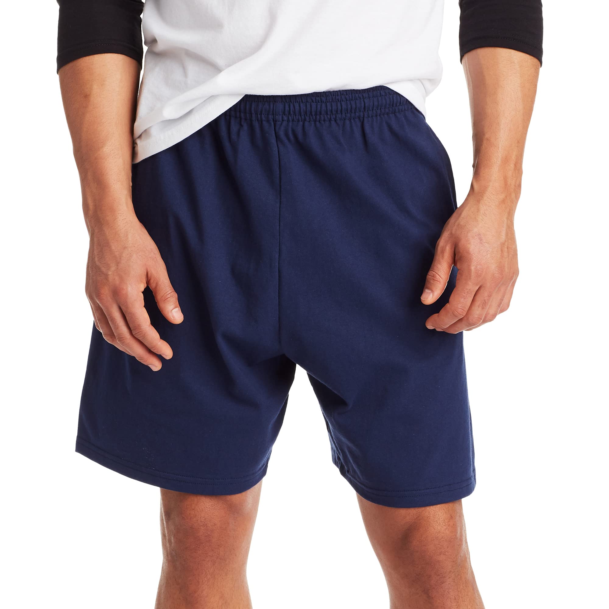 Hanes Men's Athletic Favorite Cotton Pull-On Knit Pockets Gym 7.5in Inseam Shorts, Navy, Large