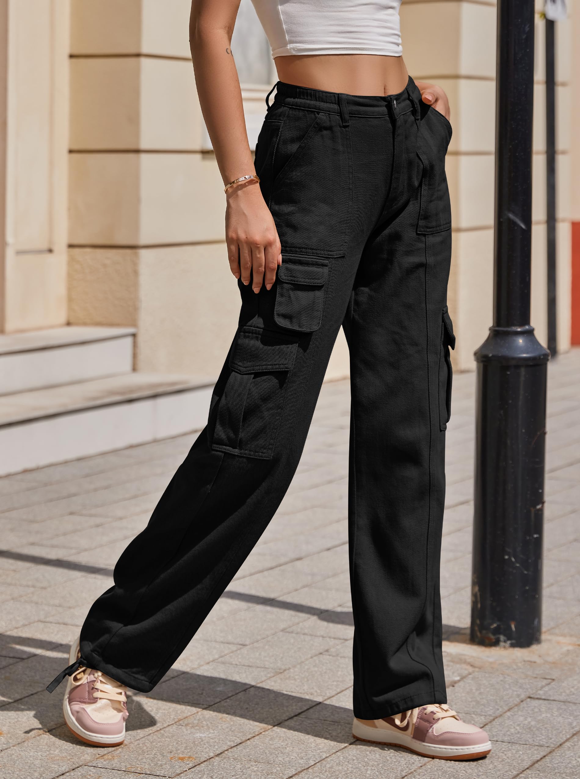 Hiistandd Women's High Waisted Cargo Pants Cotton Wide Leg Casual Pants Combat Military Work Trouser(Black,L)