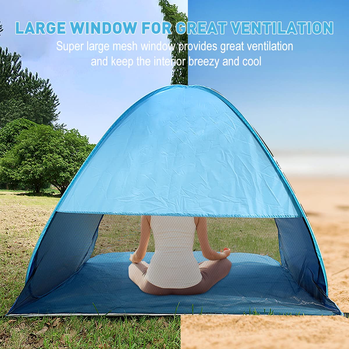 Hitish Beach Tent, Windproof & Portable Sun Shade Shelter for 3-4 Person with UPF 50+ UV Protection, Extended Floor & Roll Up Window, Easy Setup Beach Tent with Carry Bag, 6 Stakes for Camping Fishing