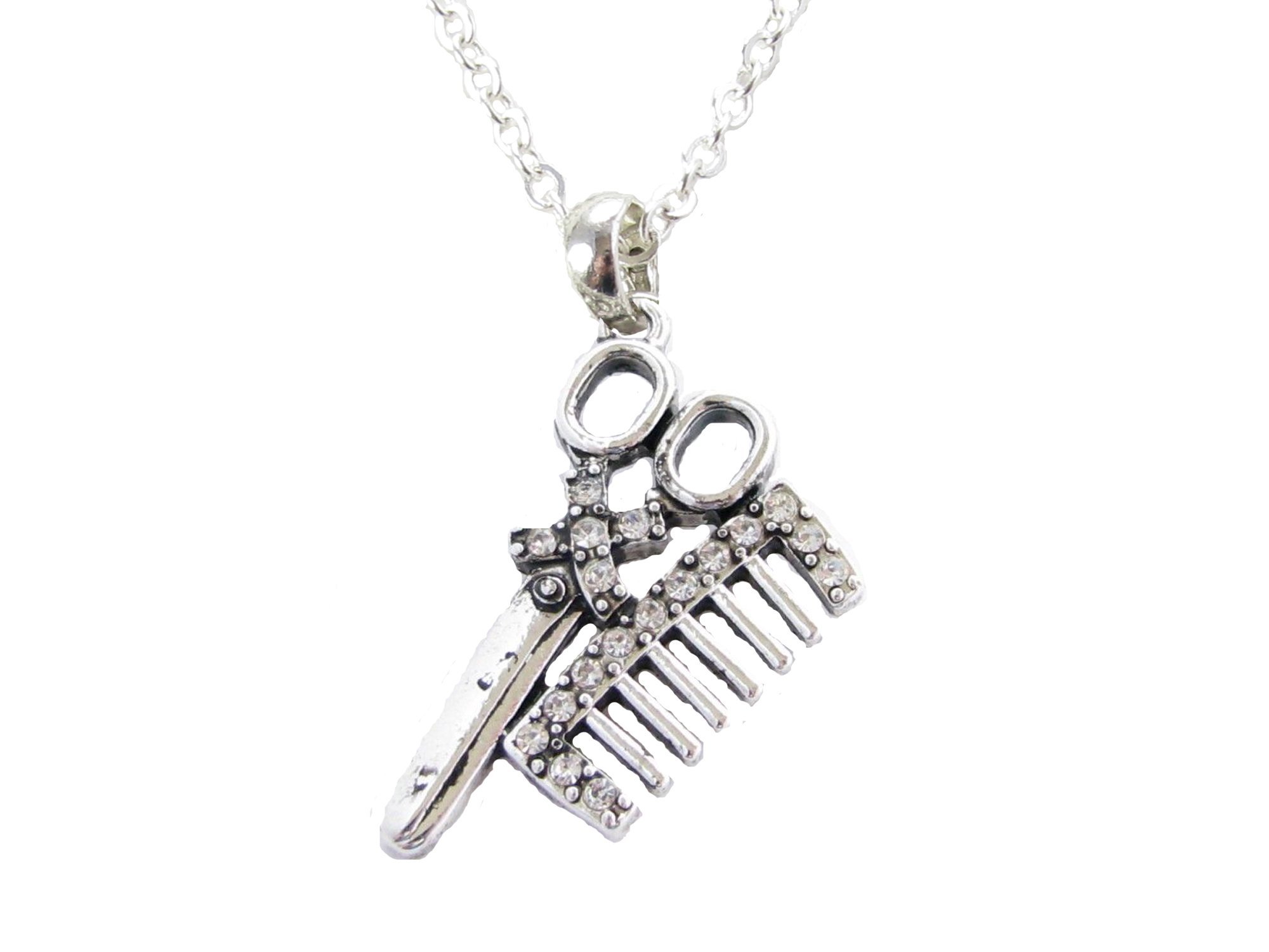 Hair Stylist Clear Crystal Scissors & Comb Fashion Necklace Barber Beauty Shop Salon Jewelry