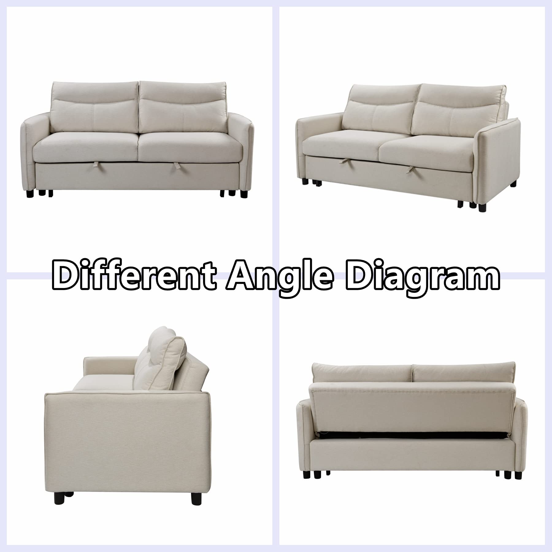 Gynsseh 3-in-1 Convertible Sleeper Sofa Bed, Queen Size Sofa Bed Couch with 2 Backrest Pillows, Pinstripe Upholstered 3-Seat Sofa Couch with Pull Out Bed for Living Room, S3-Beige