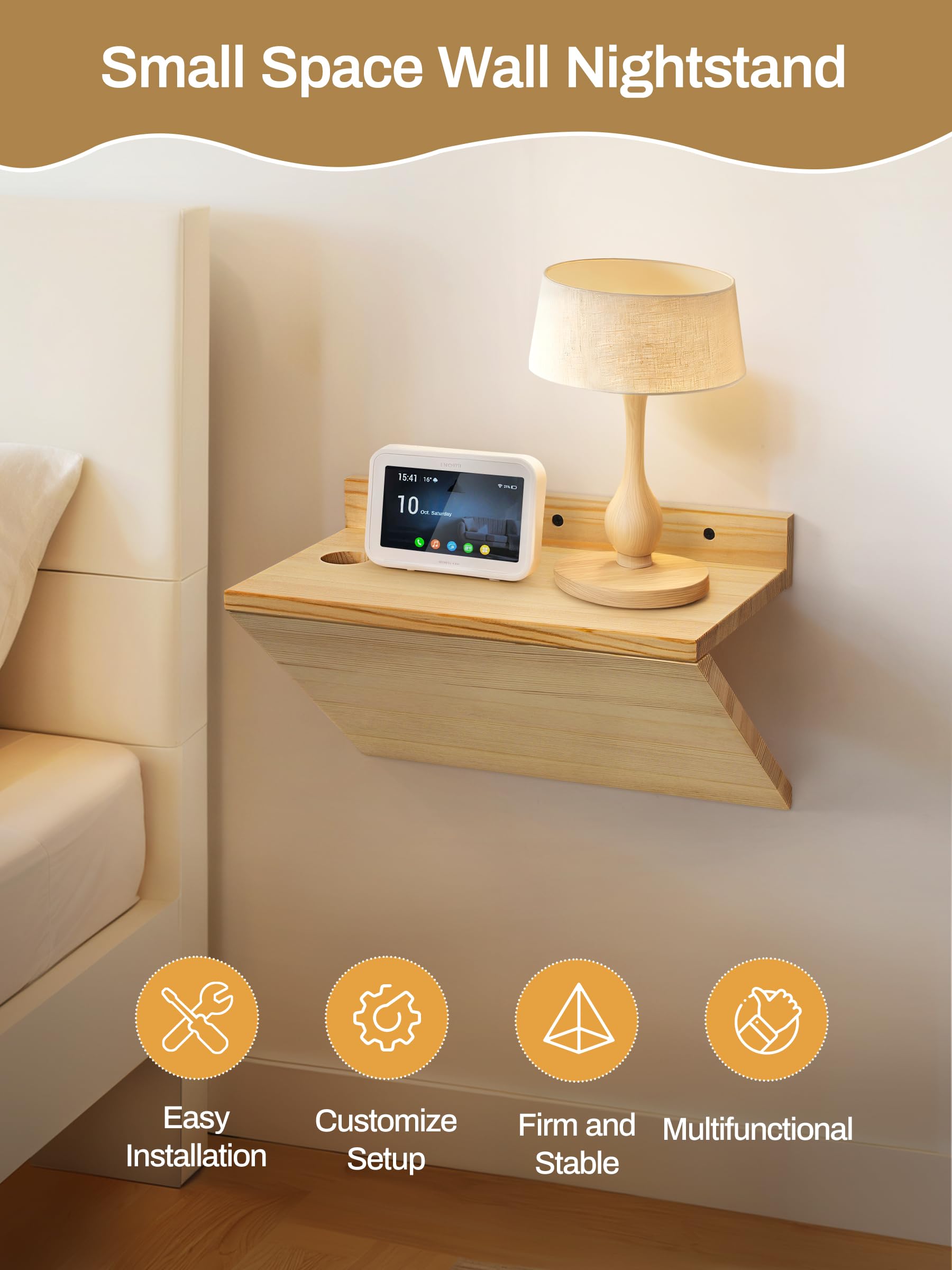 Sivapleso Floating Nightstand Set of 2, Natural Solid Wood Floating Bedside Tables Small Wall Mounted Nightstand Hanging for Bedroom